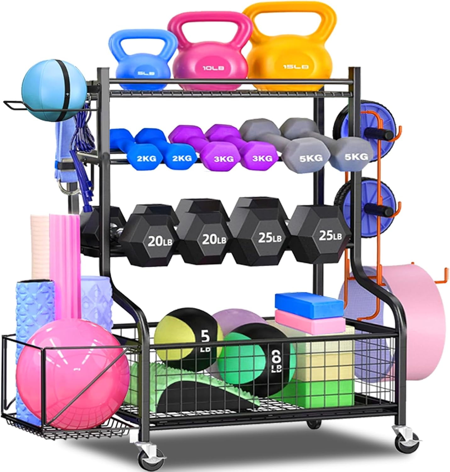 Dumbbell Rack, 5 Tier Heavy Duty Weight Racks with Wheels and Hooks ...