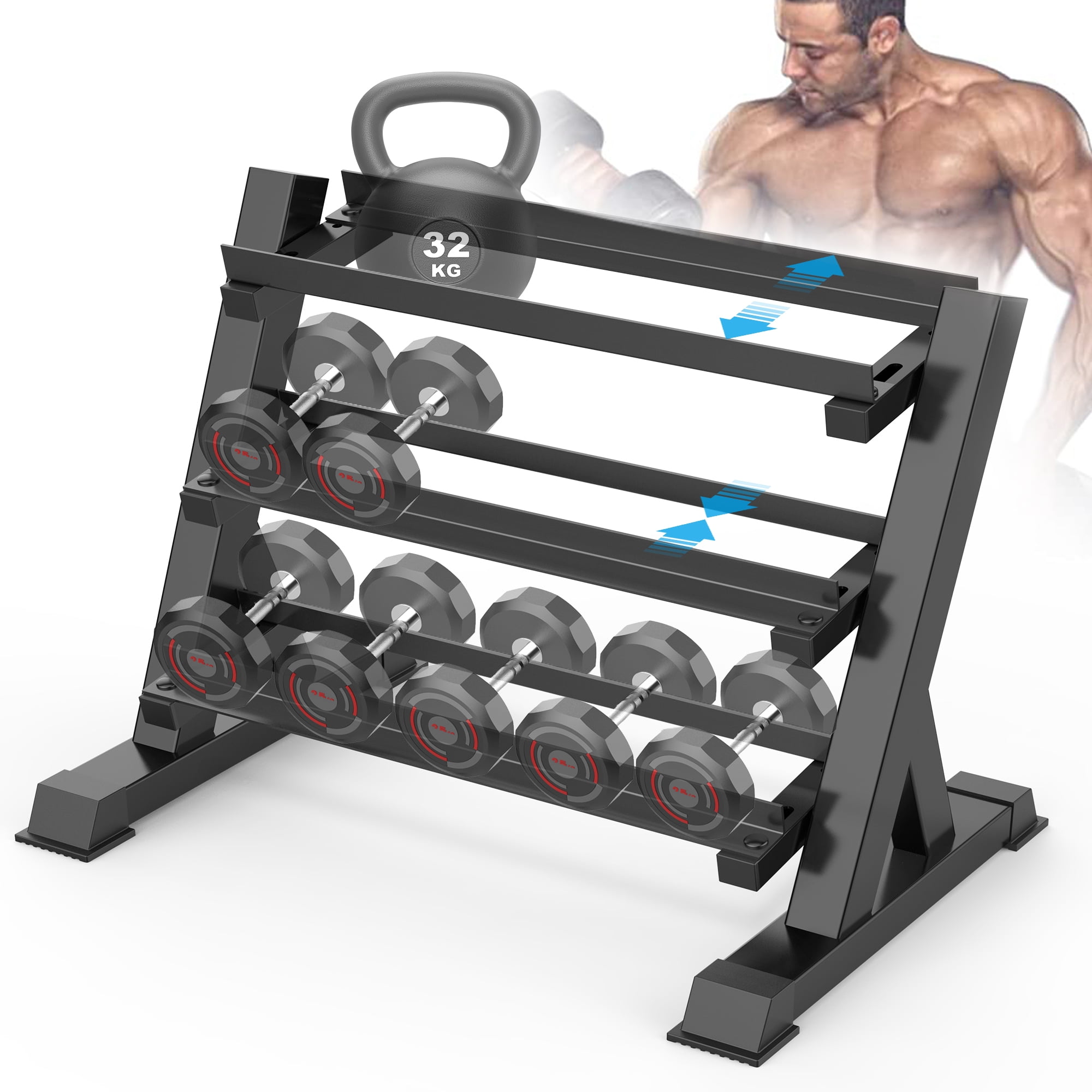 Neche 3-Tier Heavy-Duty Dumbbell Stand, Adjustable Storage Rack, 1100lb ...