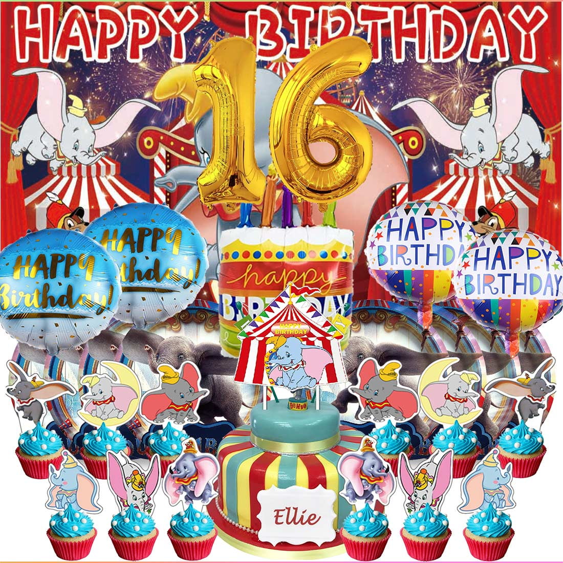 Dumbo 16th Tableware Balloons Cake Toppers Backdrop Banner Supplies ...