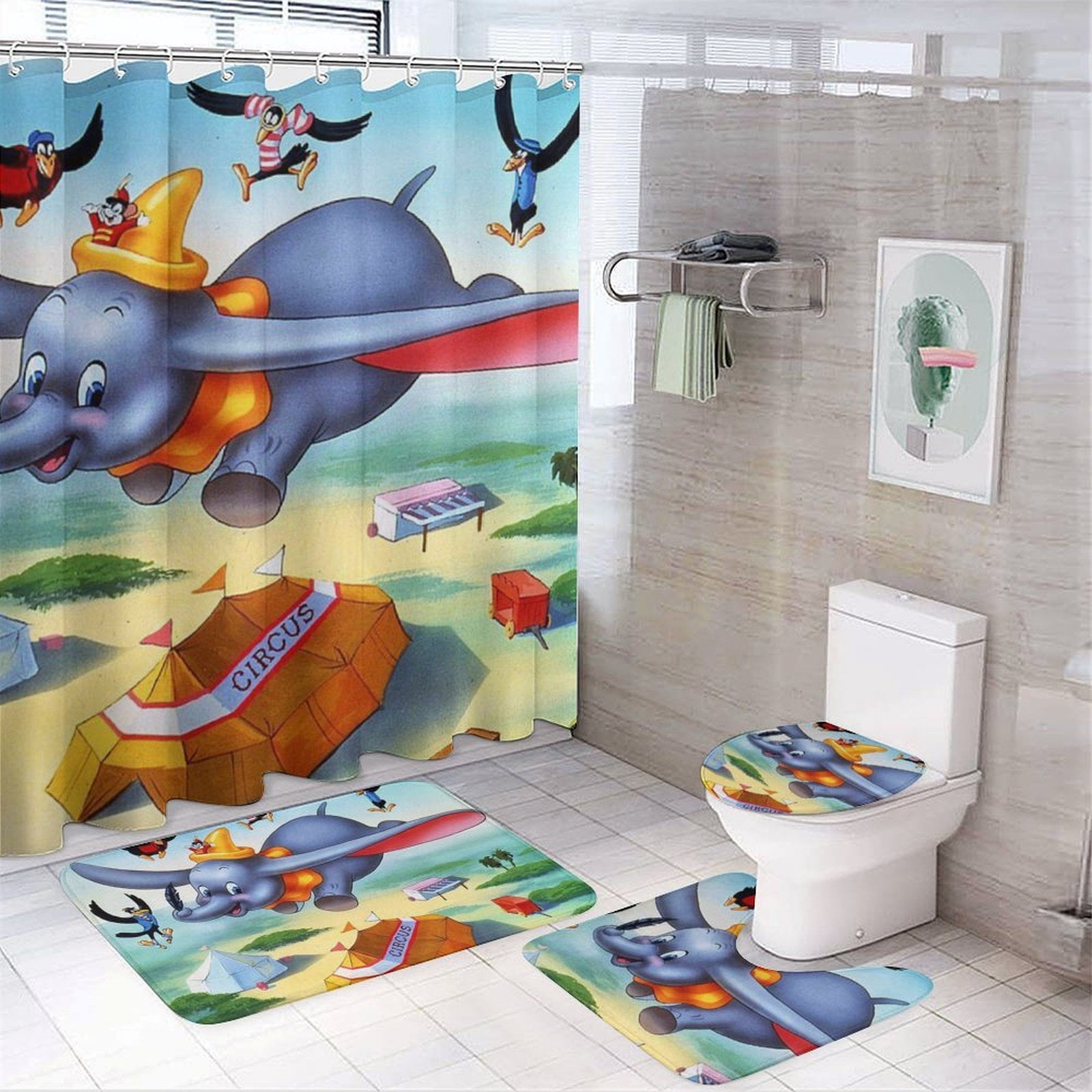Dumbo 4 Pcs Shower Curtain Set with Rugs And Toilet Lid Cover, Cartoon ...