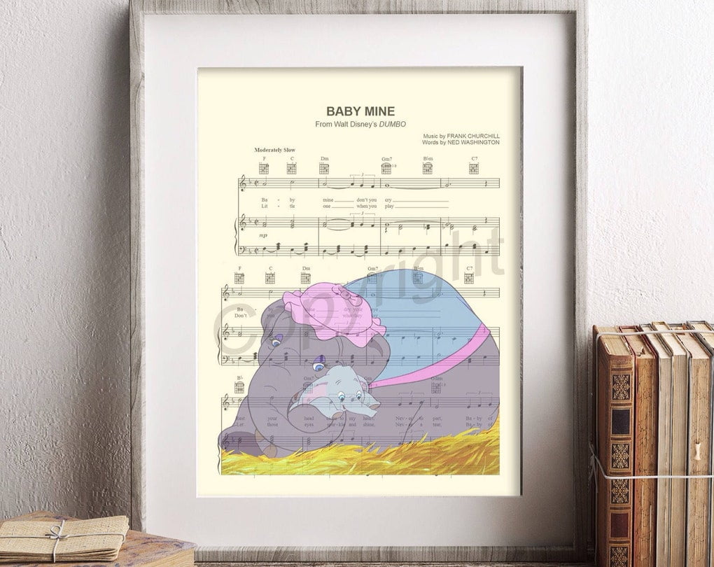 Dumbo And Mother Baby Mine Sheet Music Art Print ,Decor For Living Room ...