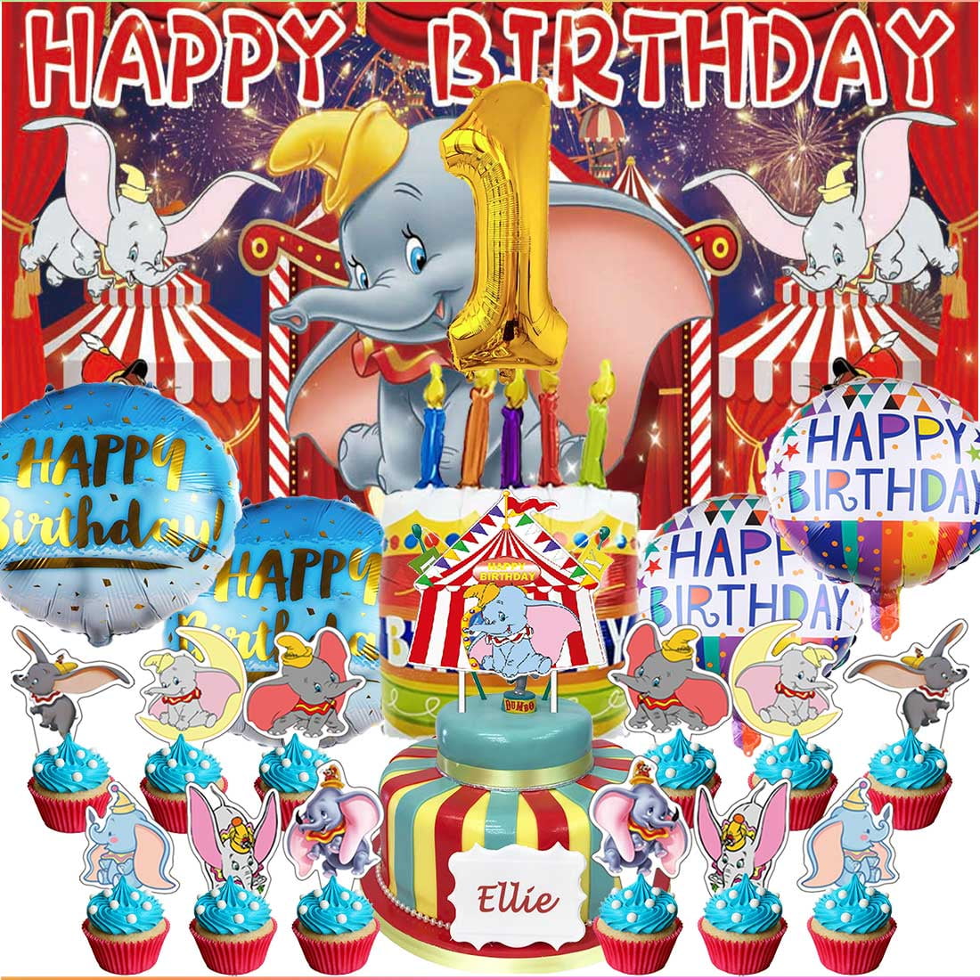 Dumbo Party Supplies Decor 1st Kit Balloons Birthday Cake Topper Banner ...