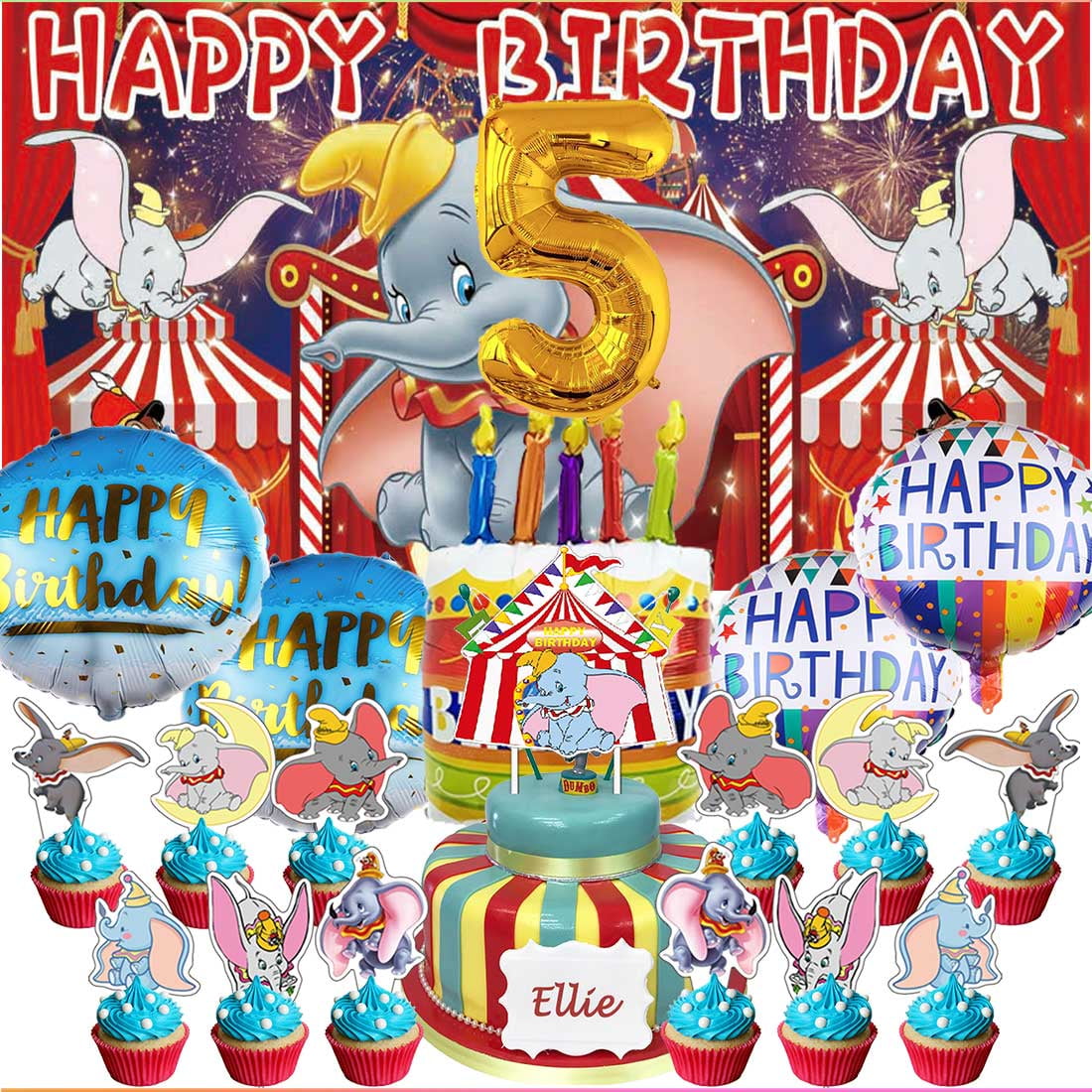 Dumbo Party Supplies Decor 5th Kit Balloons Birthday Cake Topper Banner ...