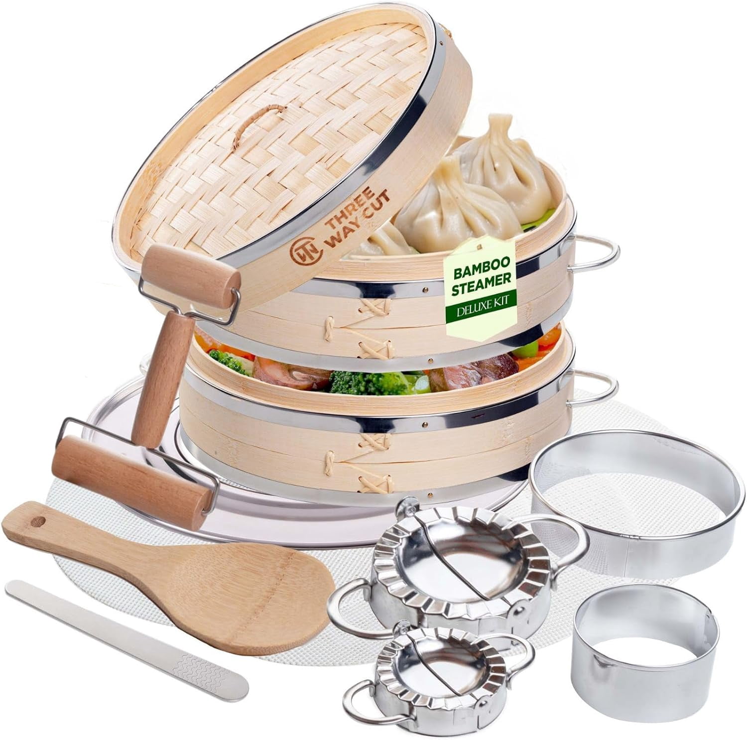 Dumpling Bamboo Steamer 10 Inch 2 Tier Wooden Basket With Handle, Ring ...