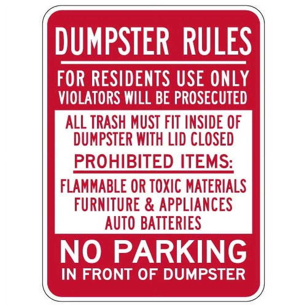 Dumpster Rules Residents Use Only Sign - 18x24 (Red) - Reflective ...