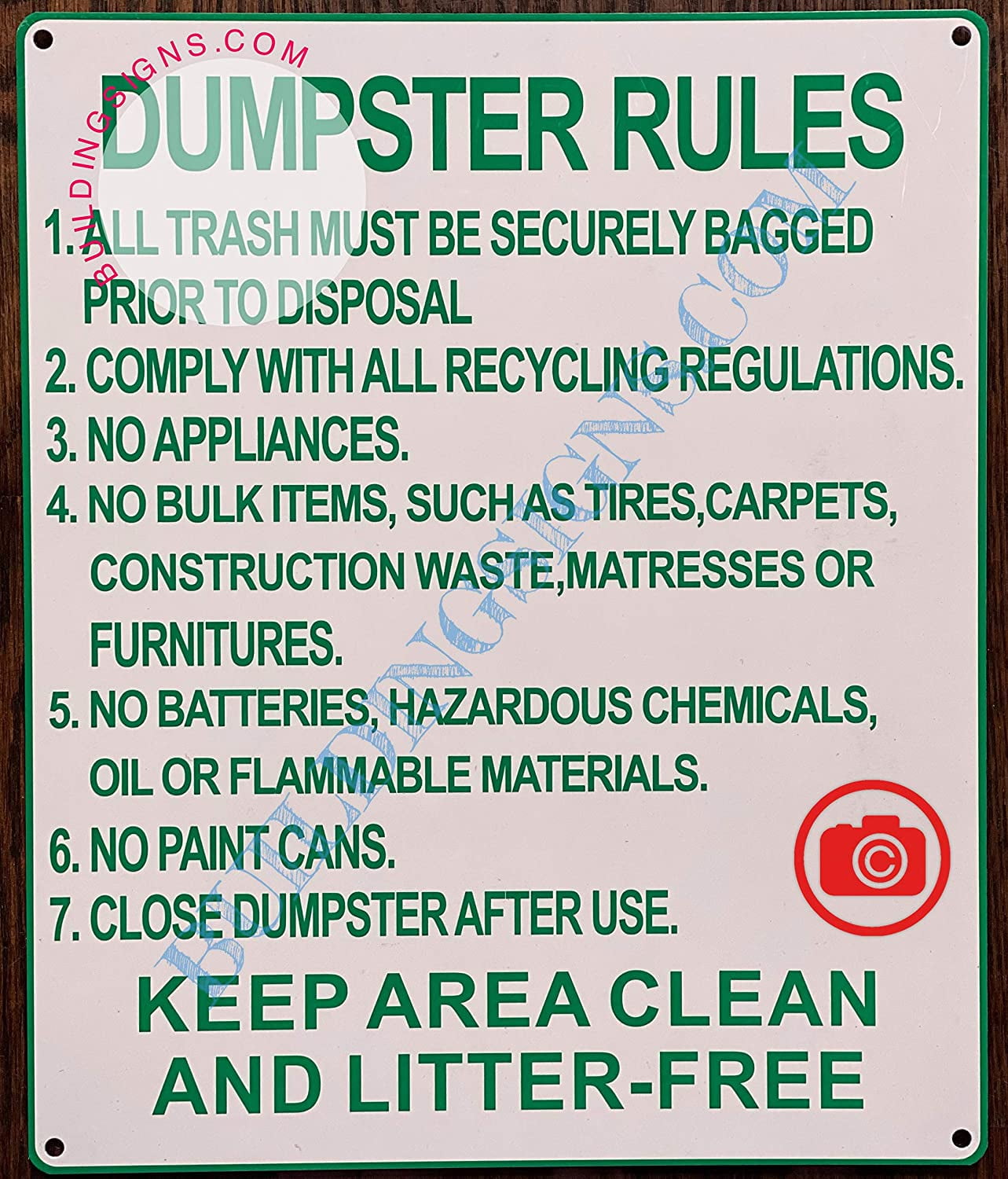 Dumpster Rules Sign (Aluminium 10x12 -Rust Free) (ref-2201) - Walmart.com