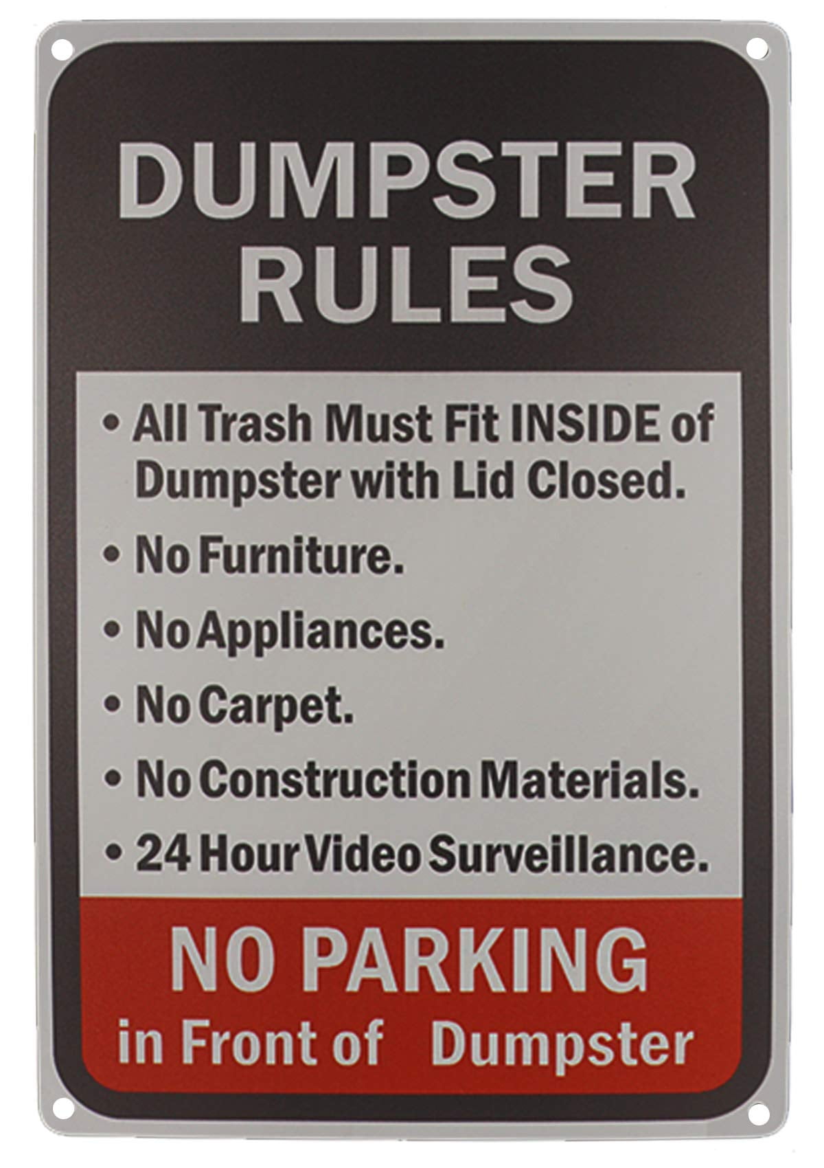 Dumpster Rules Sign No Parking in Front of Dumpster Warning Safety Signs (Aluminum) Size: 12 x ...