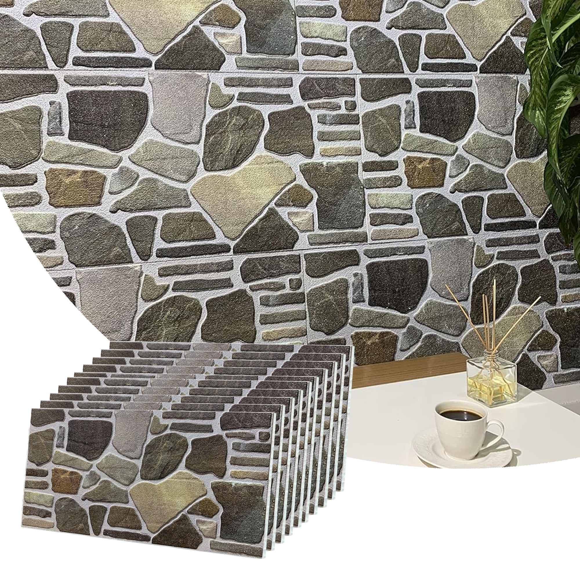 Dundee Deco 3D Wall Panels - Cladding, Charcoal Green Beige Stone Look ...