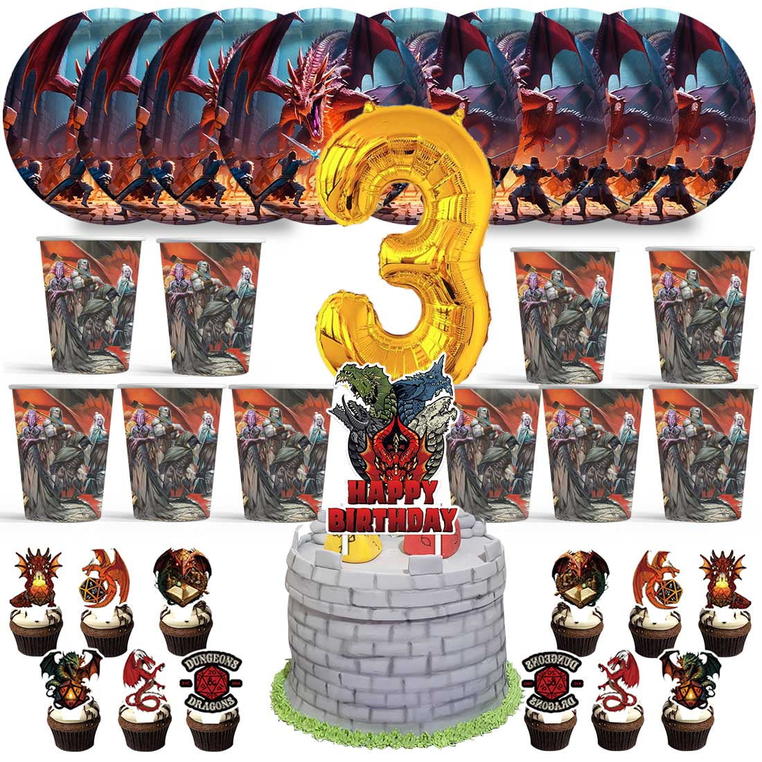 Dungeon of Dragon Birthday 3rd Cups Party Supplies Plates Fans ...