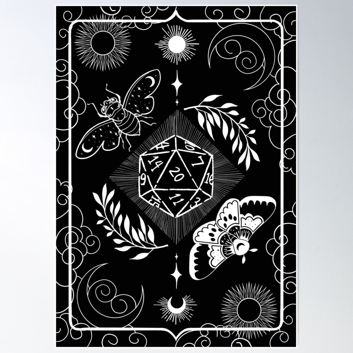 Dungeons & Dragons Mystical D20 Black & White Poster Wall Art, Modern ...