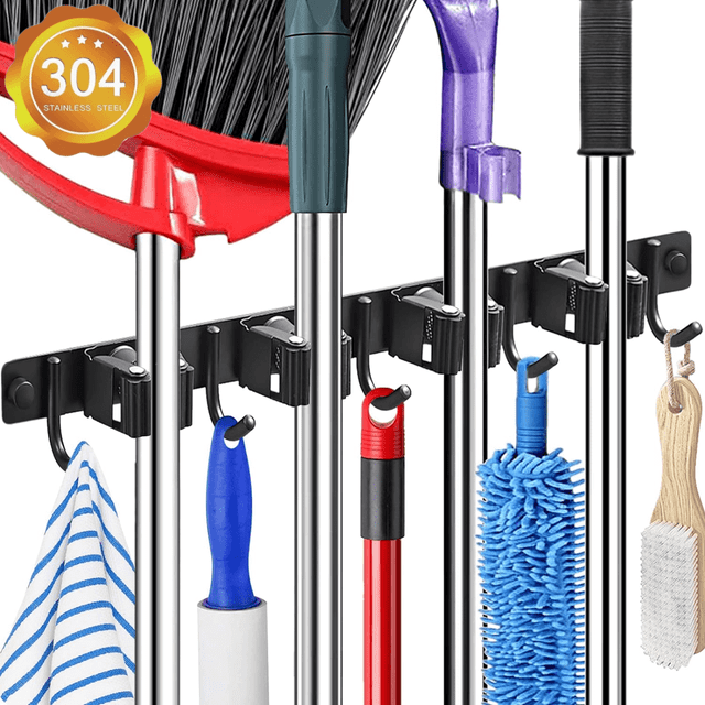 Dungu Wall Mount Mop and Broom Organizer, 4-Position Storage Rack for ...