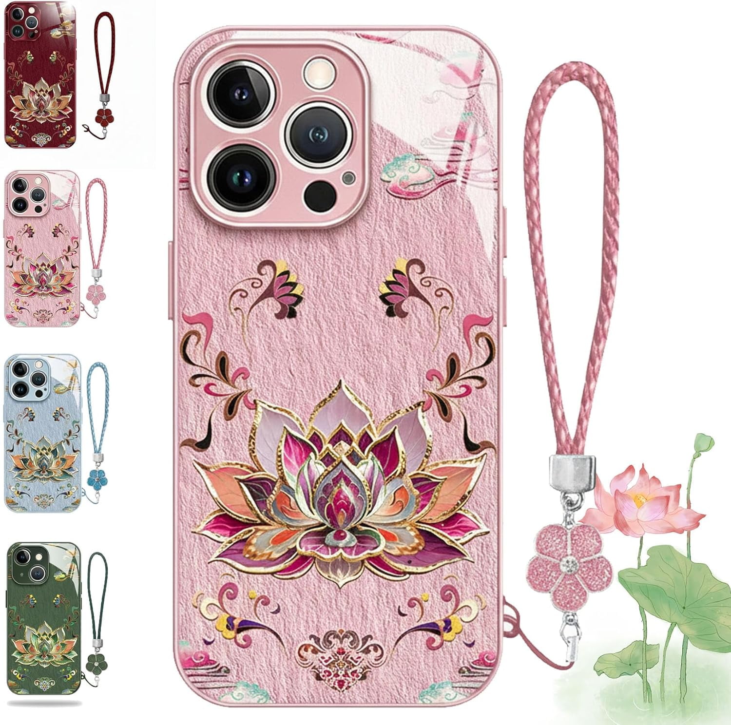 Dunhuang Lotus Lanyard Hard Case for iPhone 17/16/15/14/13/12 Pro Max ...