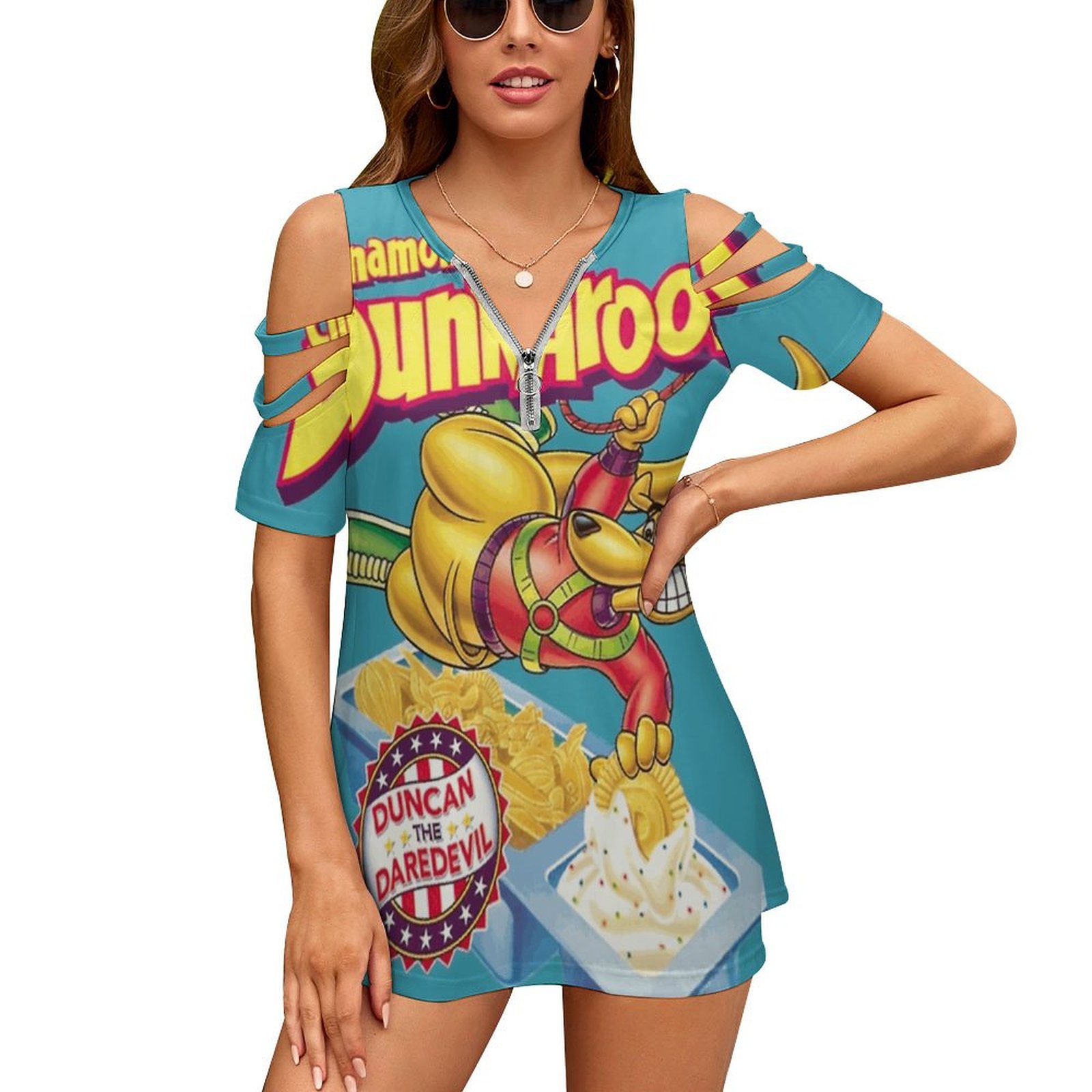 Dunkaroos 90S Women'S T-Shirt New Fashion Printed Zipper V-Neck Short ...