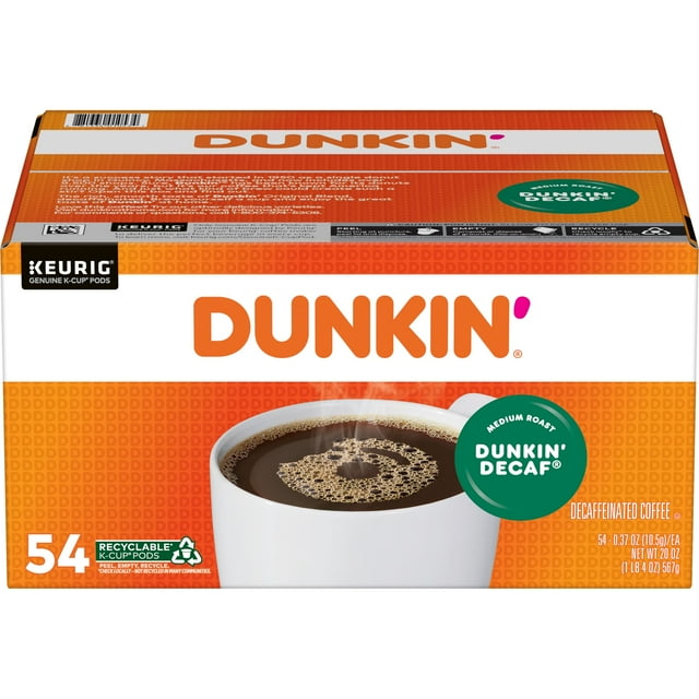Dunkin' Donuts Decaf K-Cups, Medium Roast Coffee Pods, 54-Count Box ...
