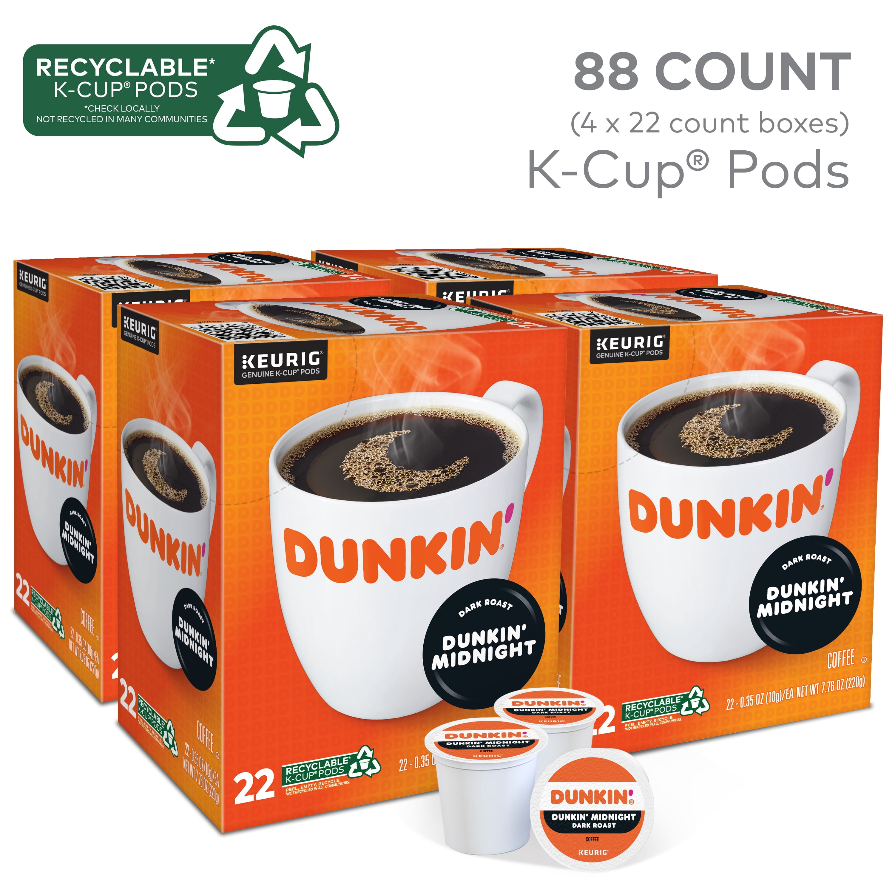 Dunkin', Single-Serve Coffee K-Cup Pods, Dark Roast Arabica, Case of 88 ...