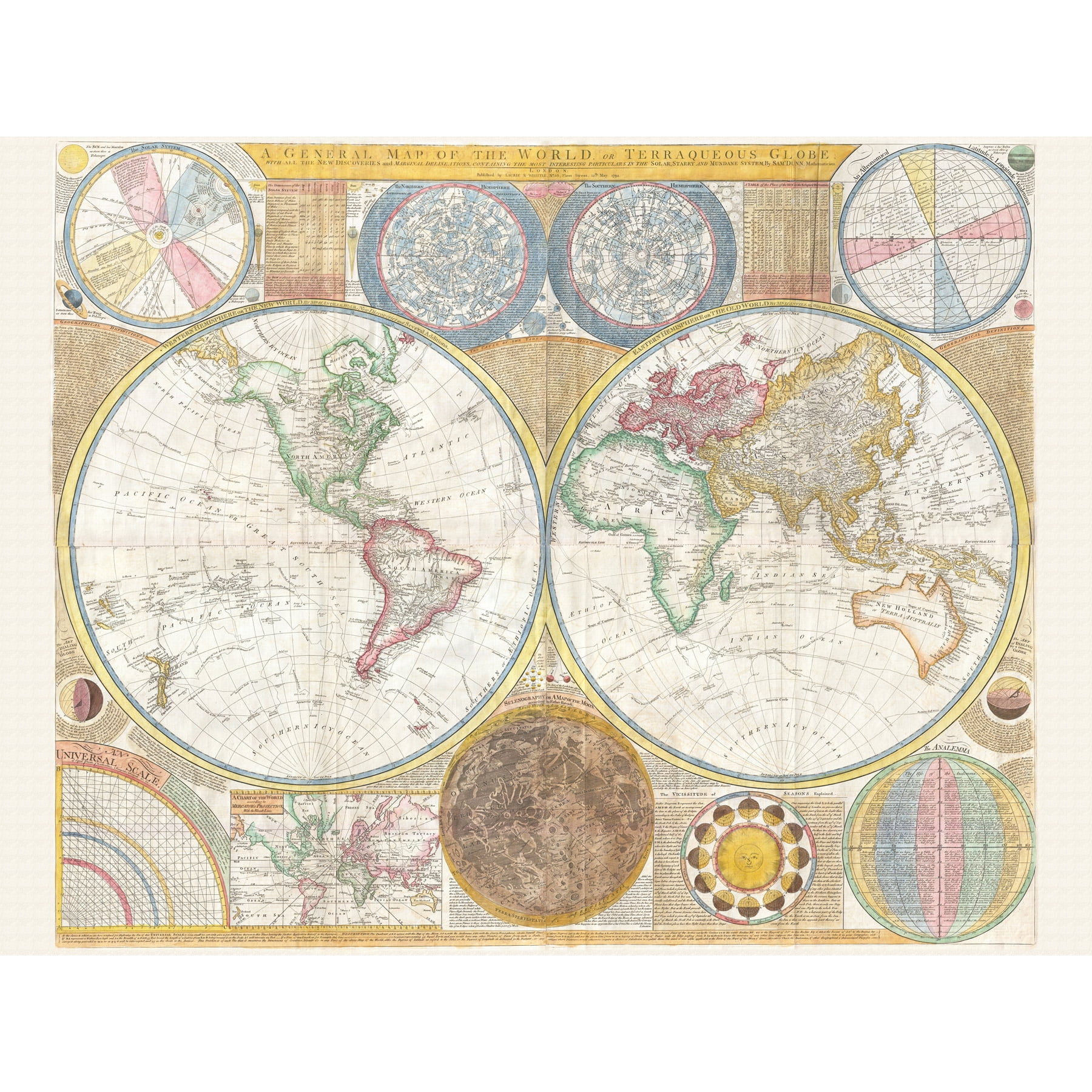 Dunn Map 1794 World Solar Double Hemisphere Extra Large XL Wall Art ...