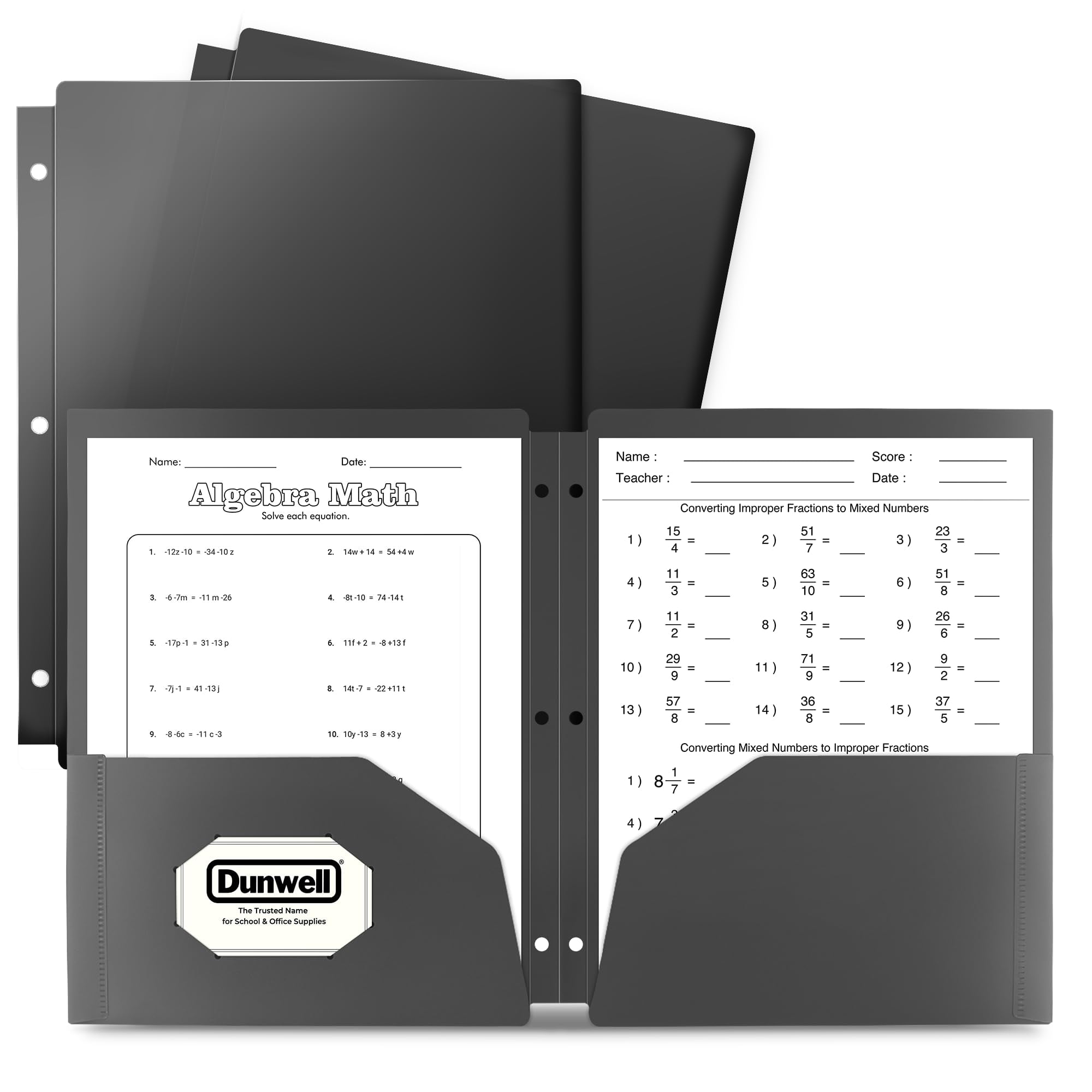 Dunwell Folders with Pockets 3 Hole Punched, (3 Pack, Black), Poly 2 ...
