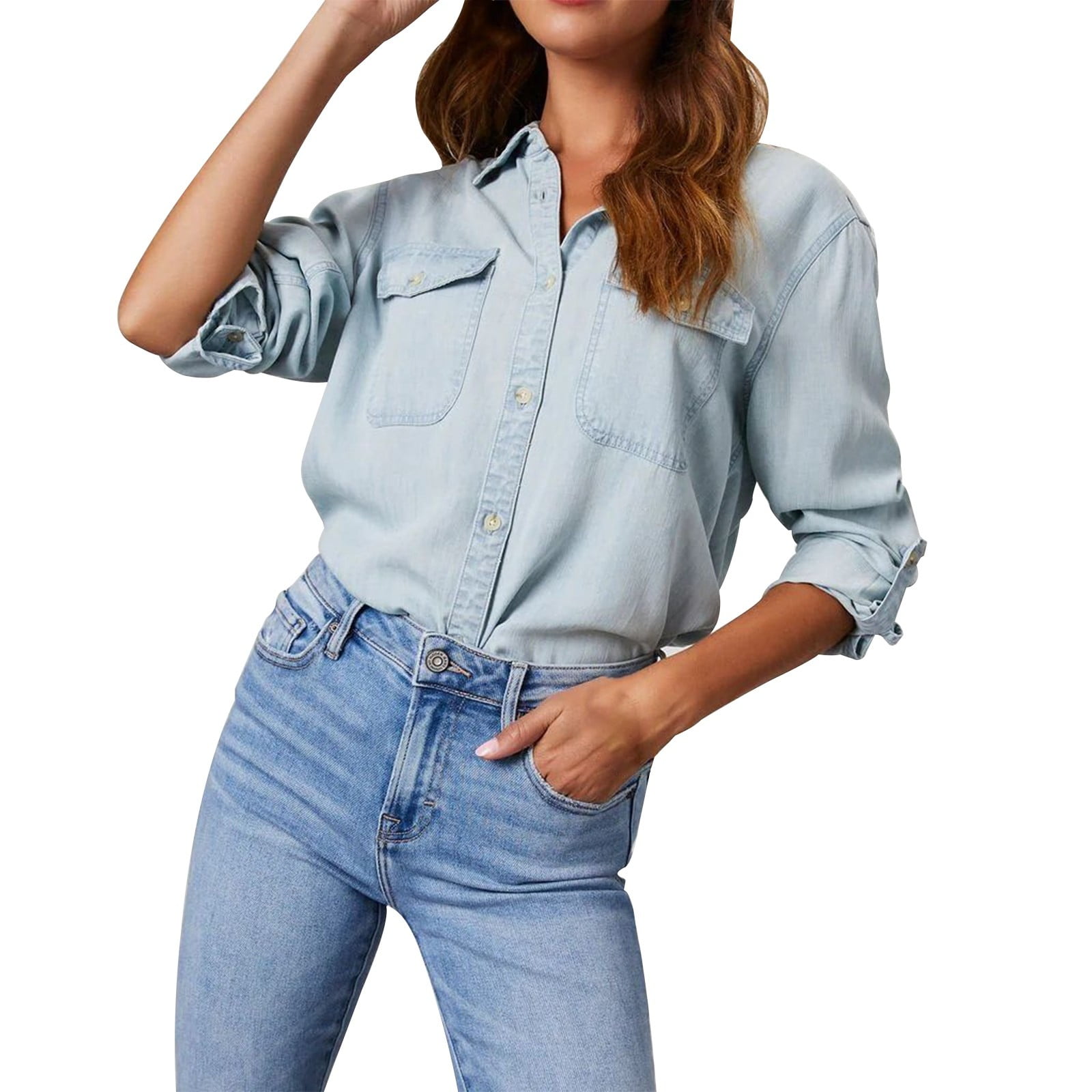 DuoJiaJ Denim Button Down Shirts for Women Long Sleeve Top Casual ...