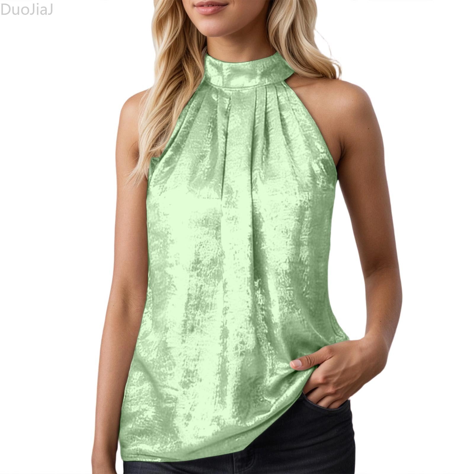 DuoJiaJ Elegant Crinkle Texture Neck Casual Tank Top Sleeveless Summer ...
