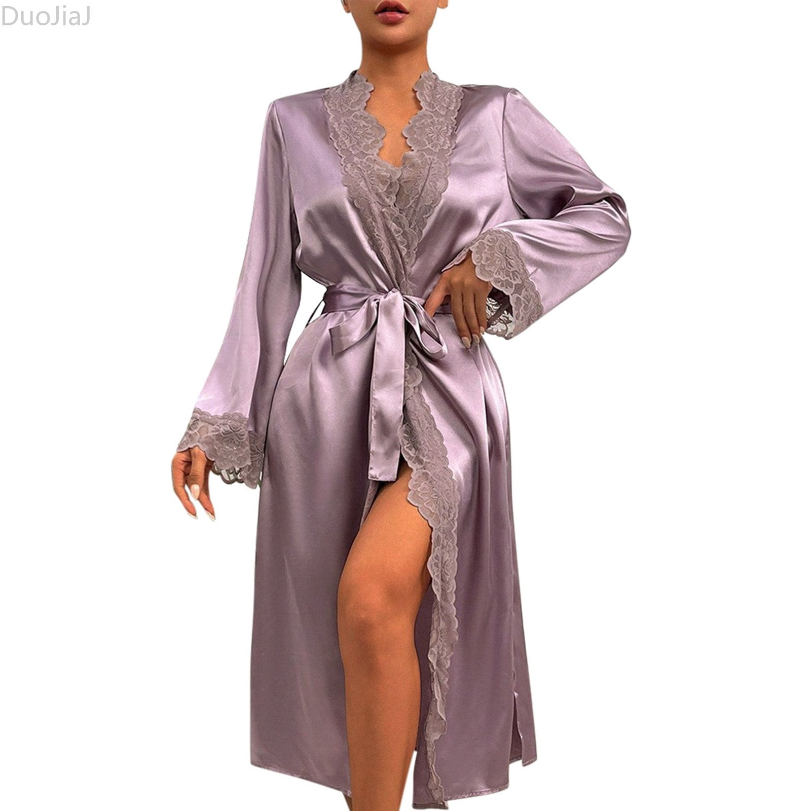 DuoJiaJ Elegant Lace Trimmed Kimono Robe With Flowy Sleeves And Belted ...