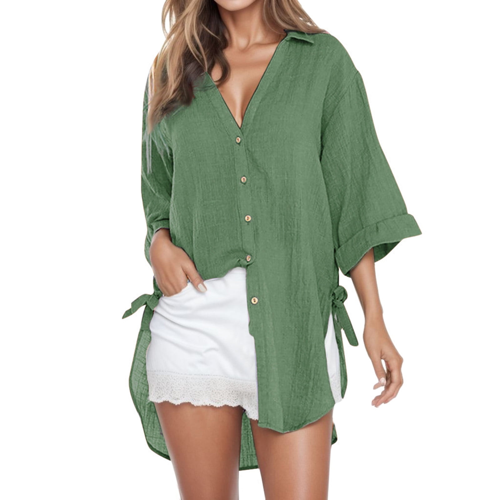 DuoJiaJ Loose Blouse Casual Button Ladies Long T Shirt Shirt Tops Dress ...