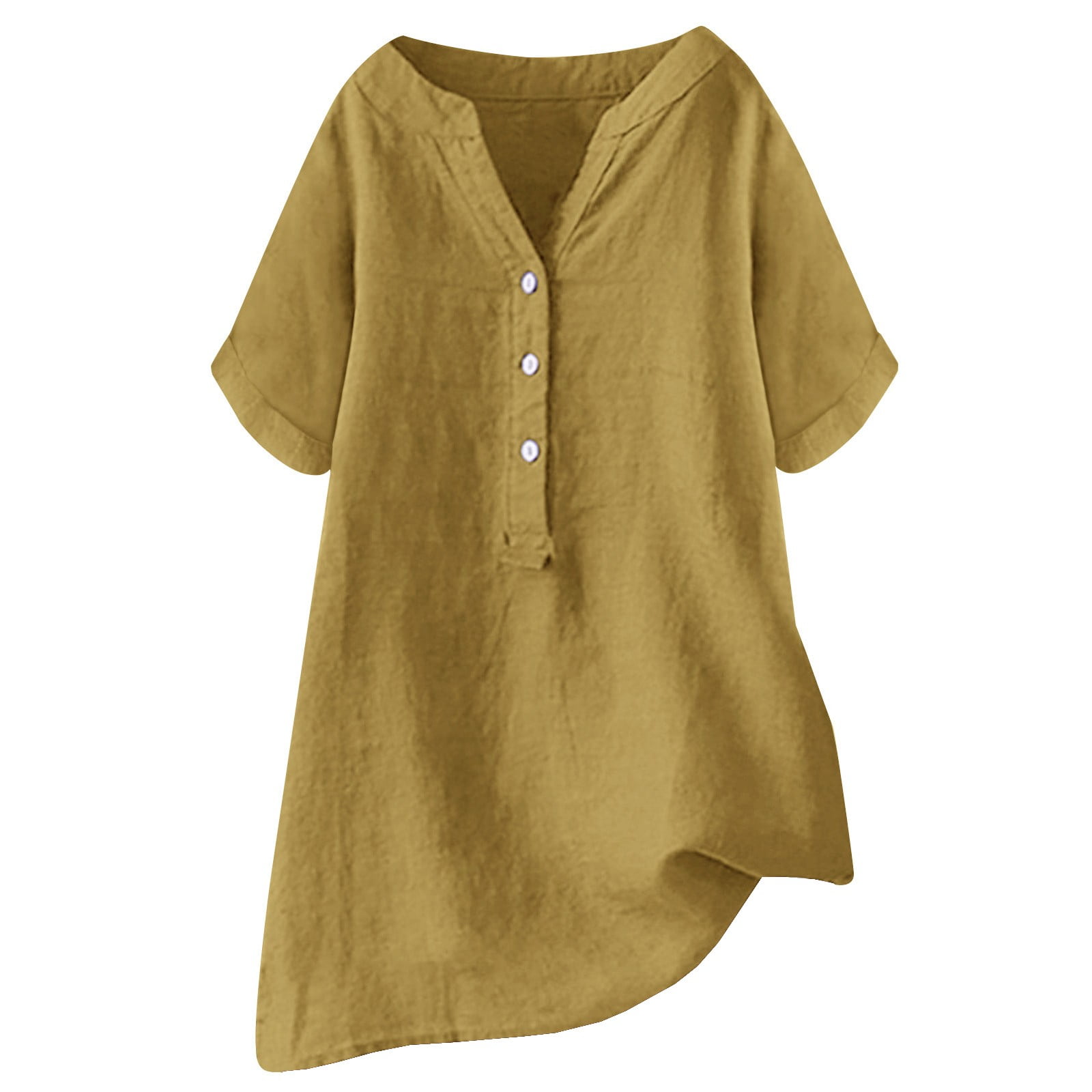 DuoJiaJ Loose Fit Solid Color Linen Casual Short Sleeve Button Top For ...