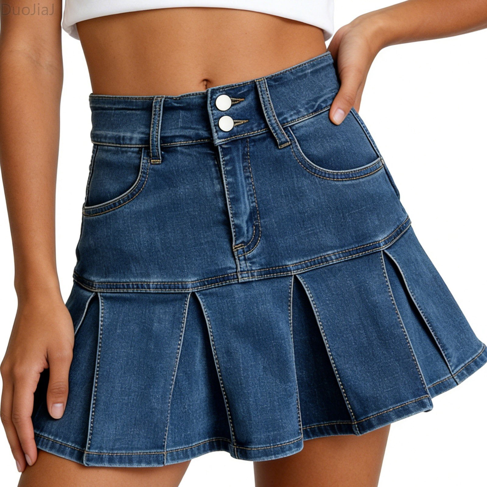 DuoJiaJ Retro High A Line Denim Midi Skirt For Flowy Pleated Hem Sultry ...
