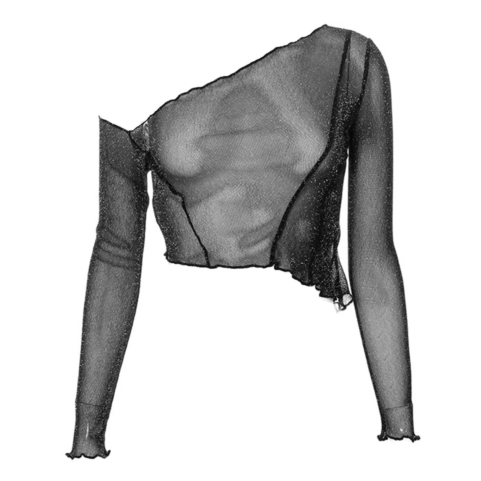 DuoJiaJ Shimmering Solid Color Mesh Top | Long Sleeve See Through ...