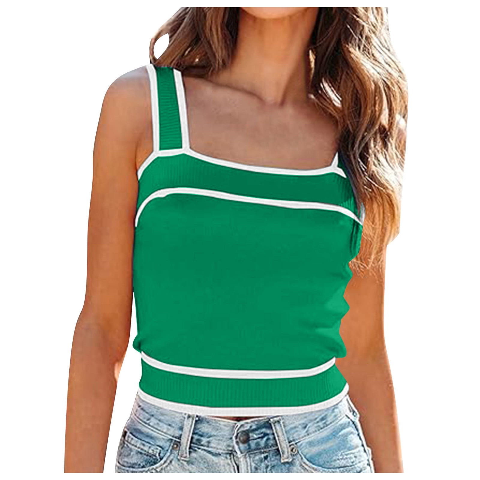 DuoJiaJ Square Neck Knit Crop Tank TopsSlim Color Block Sleeveless ...