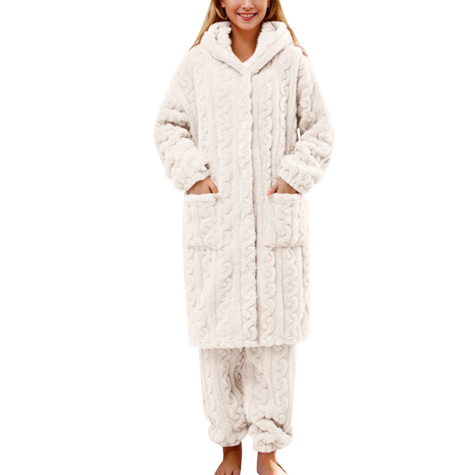 DuoJiaJ Women Fuzzy Pajama Set Warm Fluffy Long Sleeve Sleepwear Plush ...
