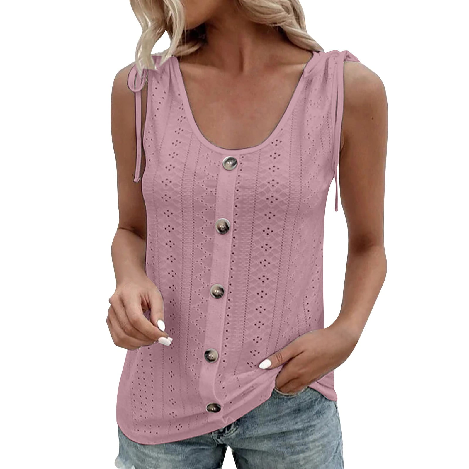 DuoJiaJ Women Loose U Neck Sleeveless Tops Casual Pure Color Pleated ...