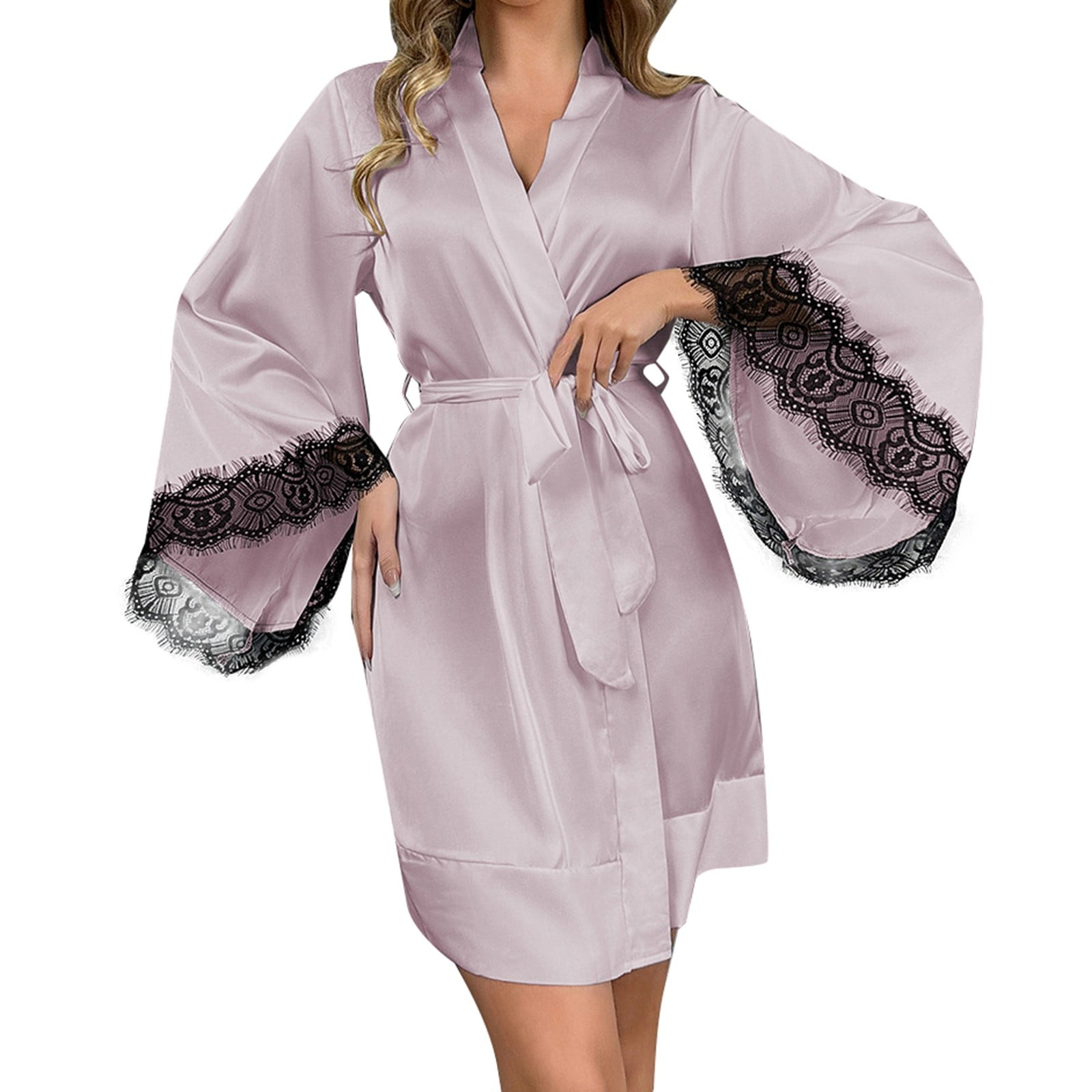 DuoJiaJ Women Silk Robe Short Lace Trim Satin Robe 3/4 Sleeves Kimono ...