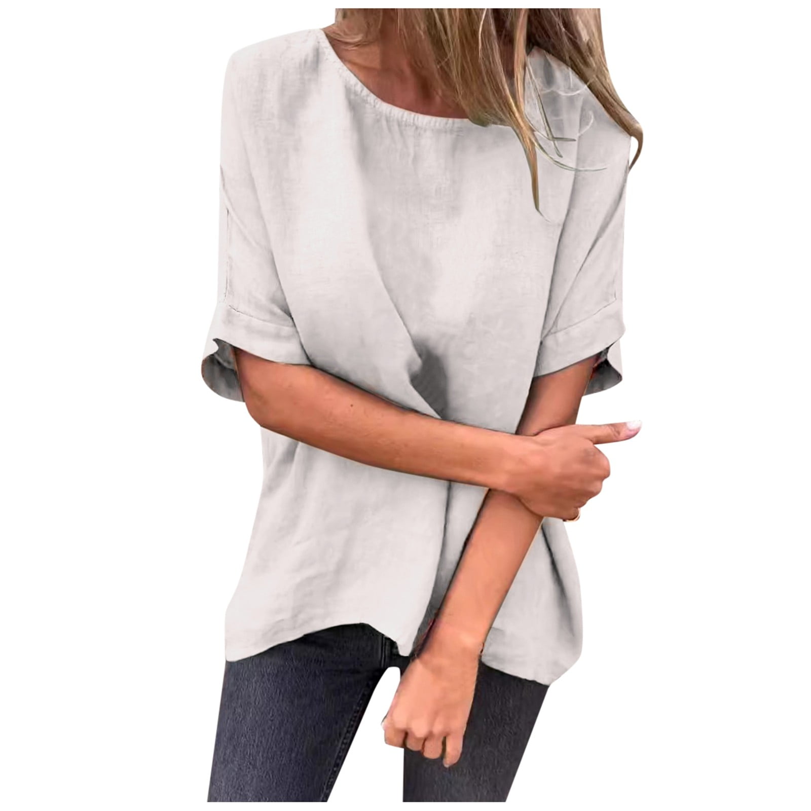 DuoJiaJ Women Solid Color Round Neck Medium Long Sleeve Cotton Loose T ...
