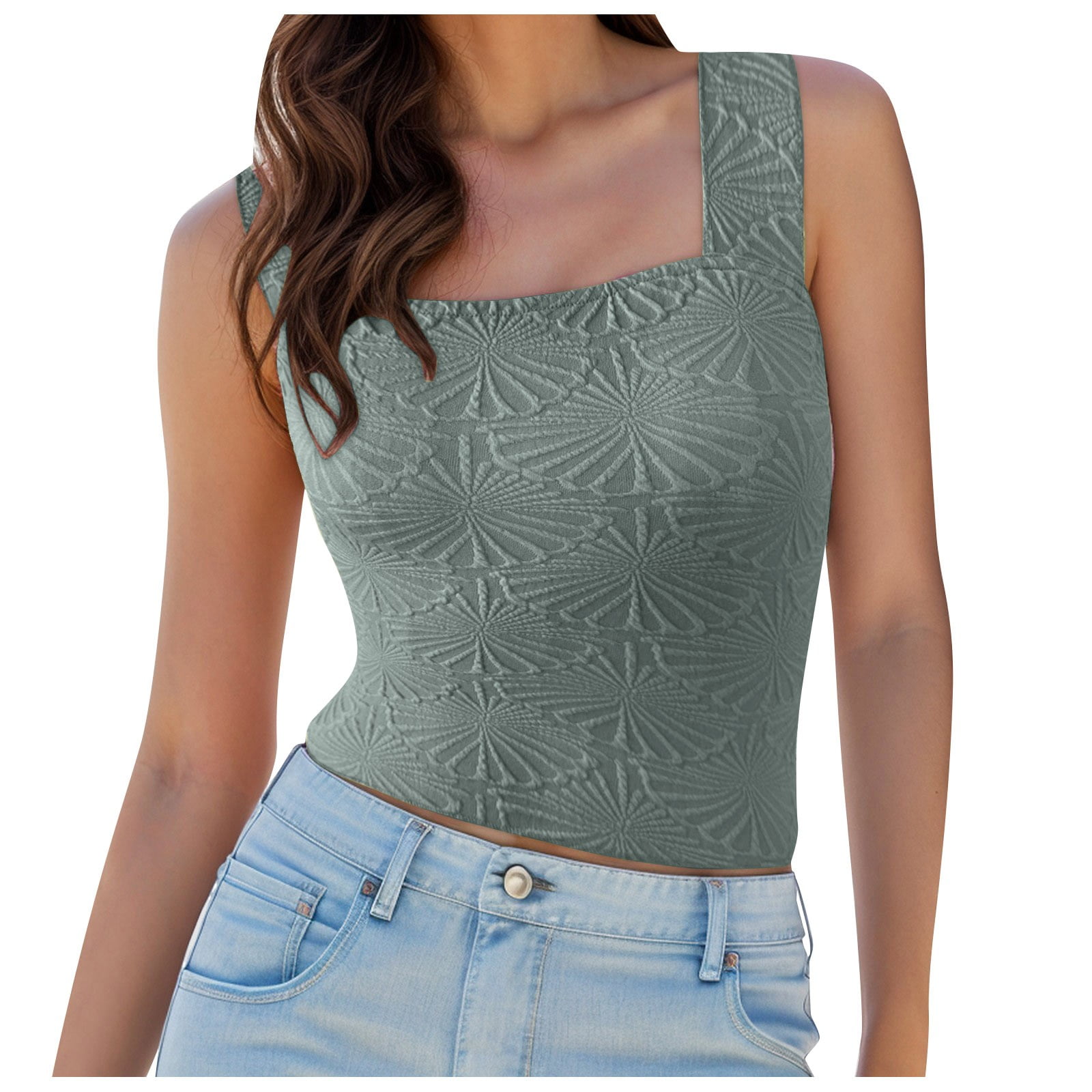 DuoJiaJ Women Square Neck Wide Straps Crop Tank Tops Flower Lettuce ...