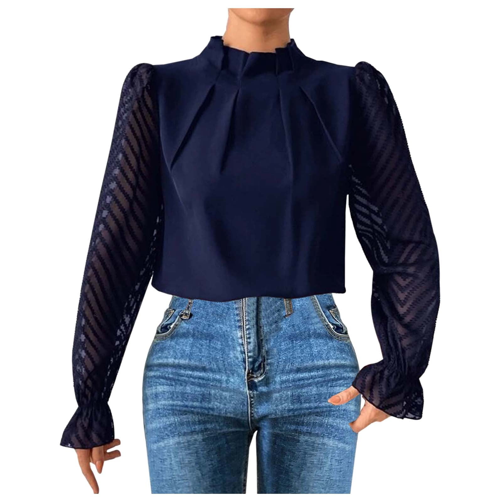 DuoJiaJ Women's Autumn/Winter Half High Collar Splicing Pattern Chiffon ...