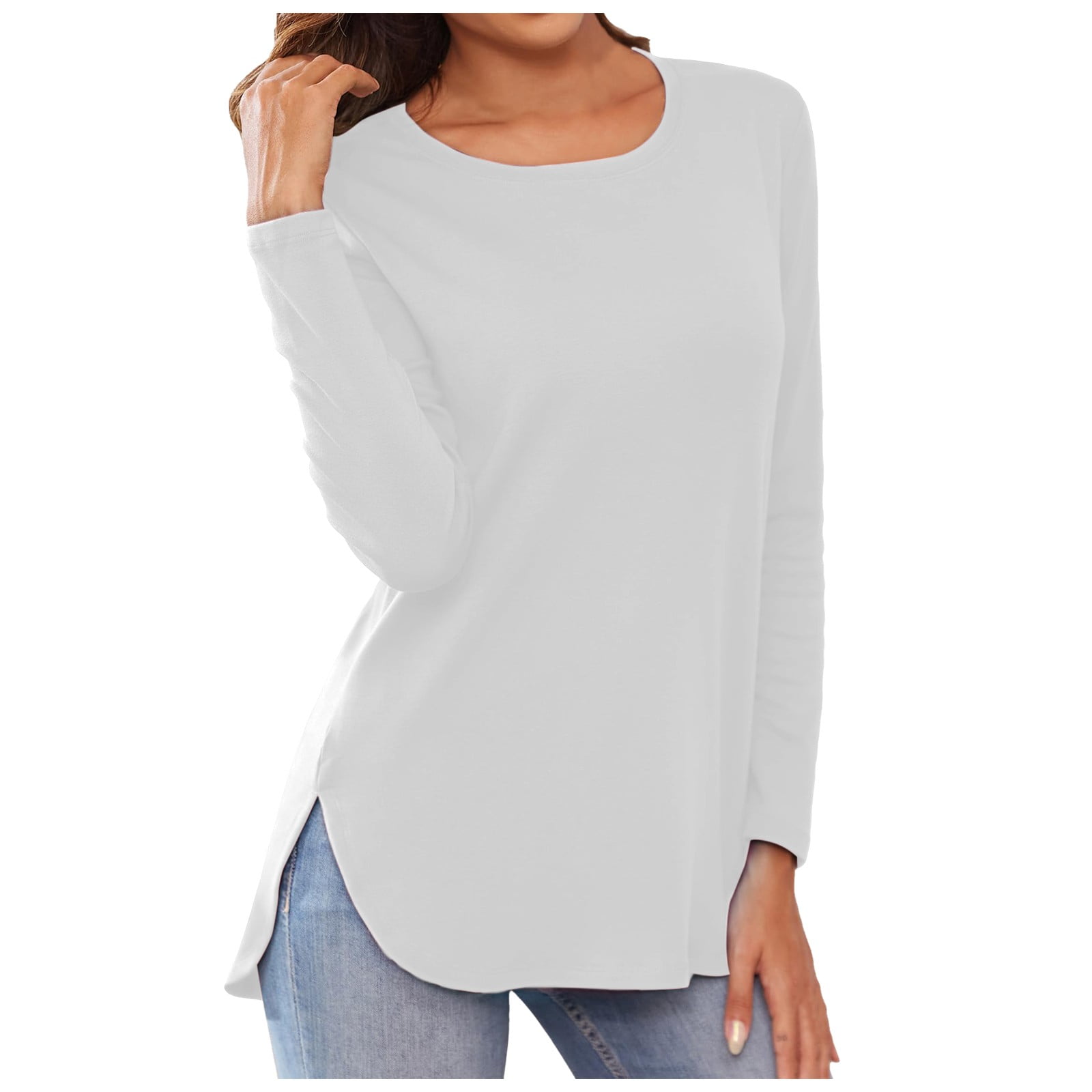 DuoJiaJ Women's Casual Long Sleeve T Shirt Crewneck With Side Split ...