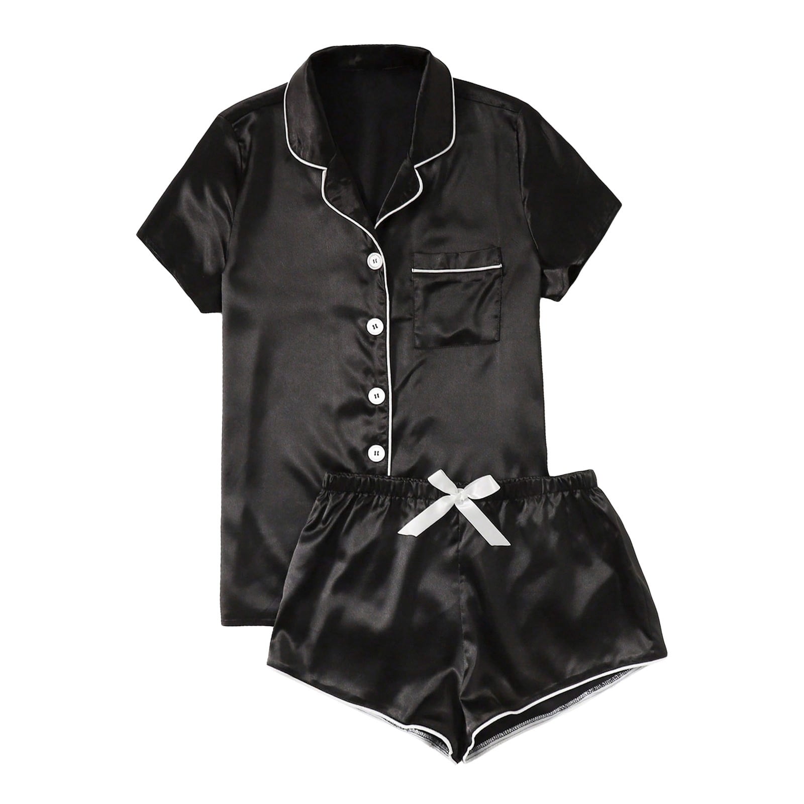 DuoJiaJ Women's Casual Solid Silk Satin Pajama Set Short Sleeve Button ...