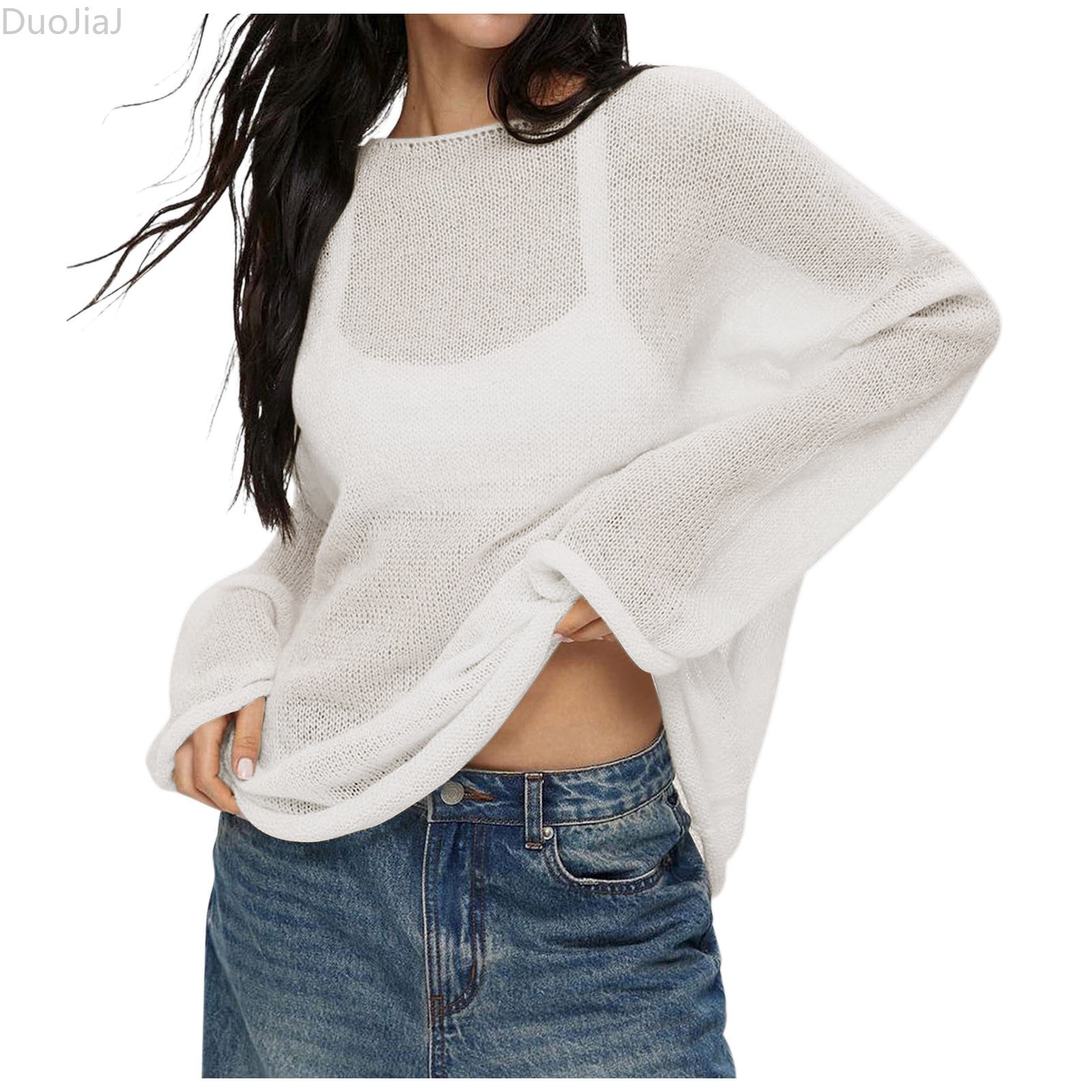 DuoJiaJ Women's Crew Neck Long Sleeve Mesh Top,Sheer Hollow Out Loose ...