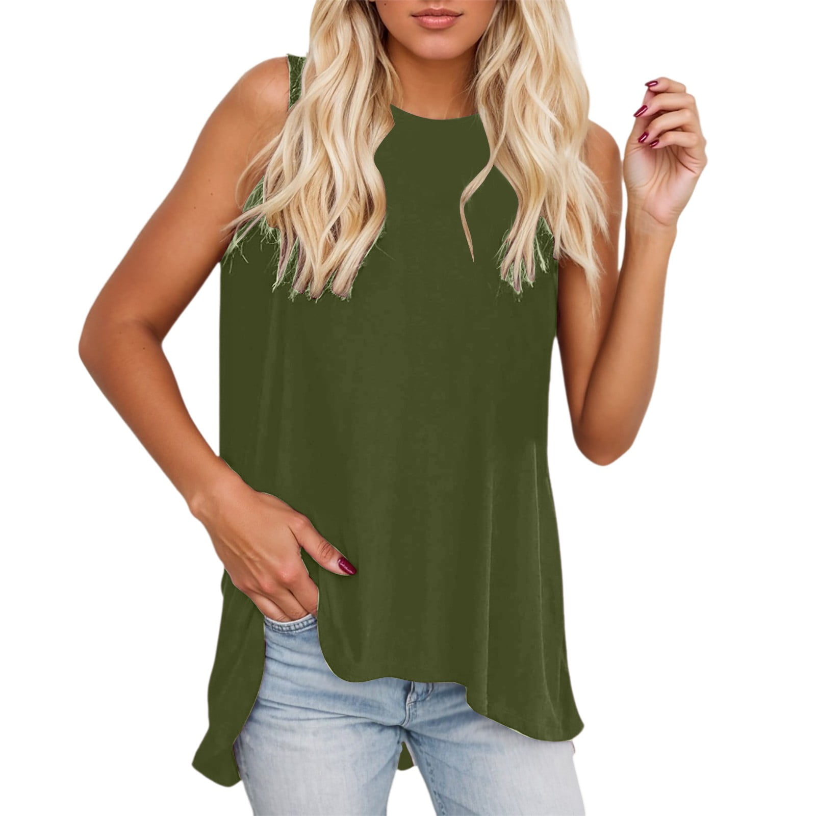 DuoJiaJ Women's Crewneck Sleeveless Swing Tunic High Low Asymmetrical Hem Loose Flowy Tank Top ...