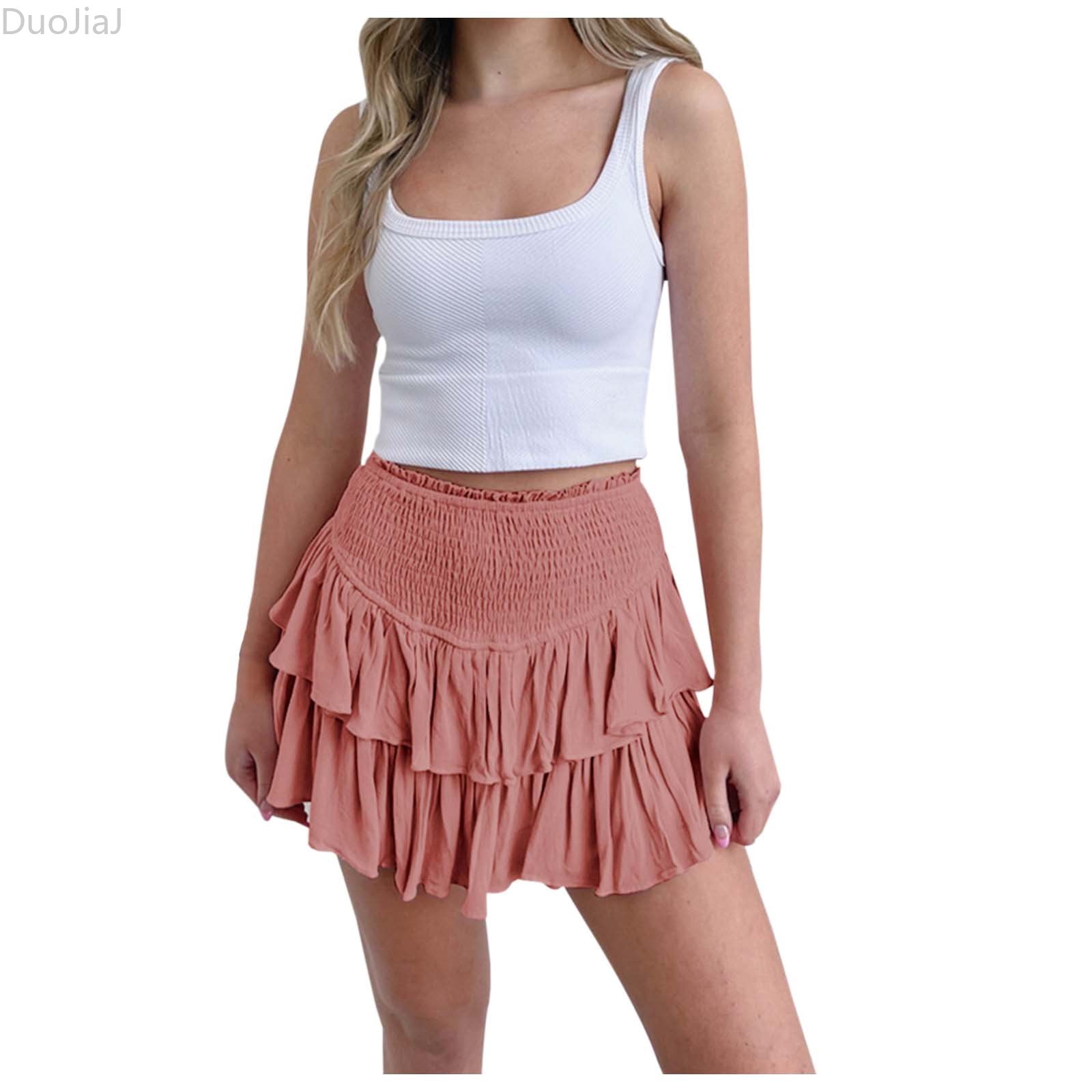 DuoJiaJ Women's High Waist Pleated Mini Skirt Ruffle Hem A Line Short ...