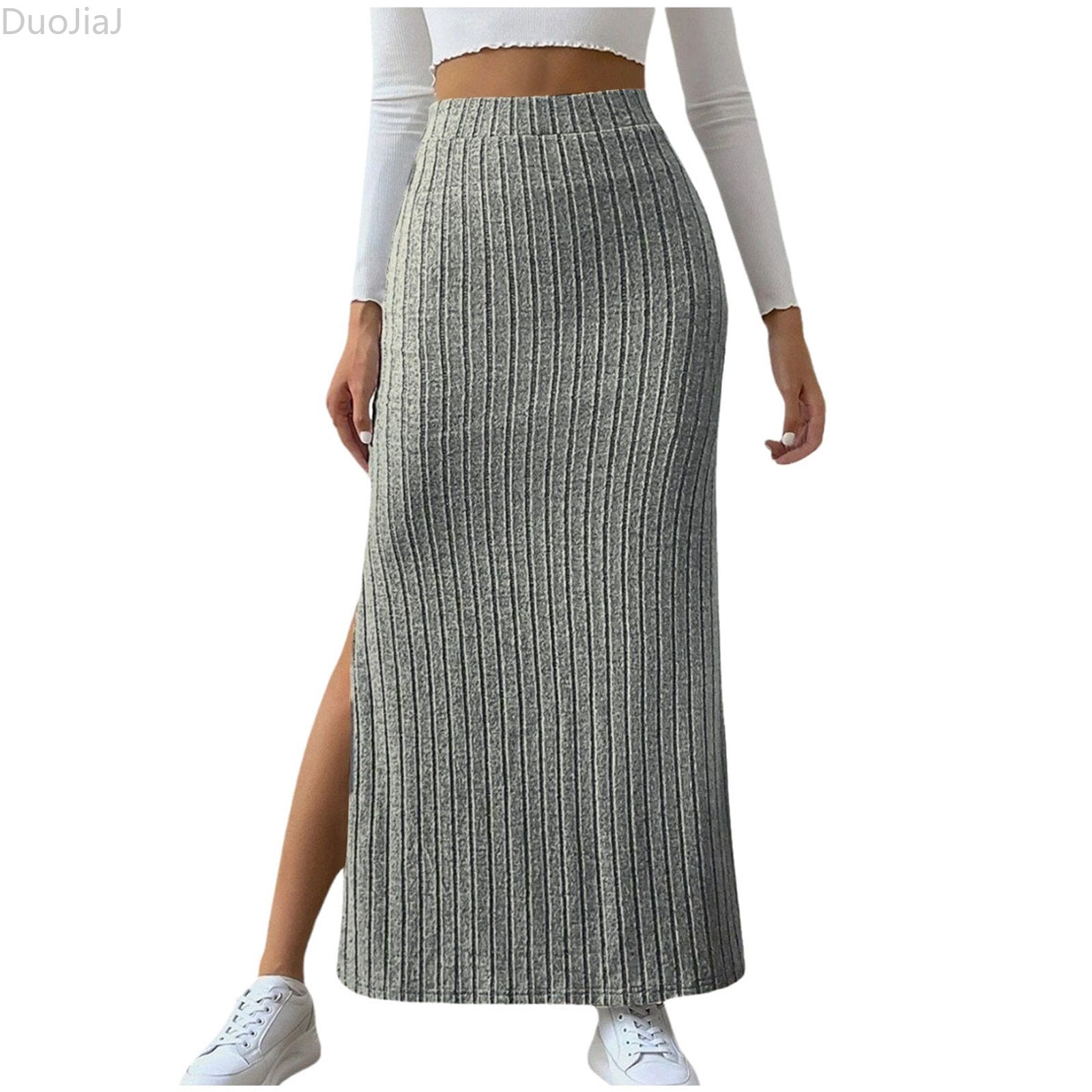 DuoJiaJ Women's High Waist Stretchy Rib Knit Split Slit Hem Midi Pencil ...