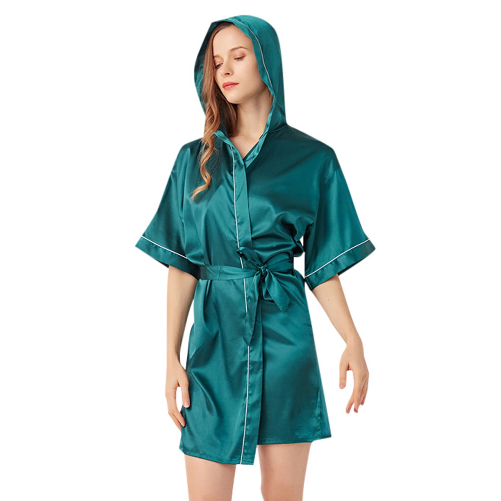 DuoJiaJ Women's Hooded Silk Robes Satin Kimono Robe Short Silky ...
