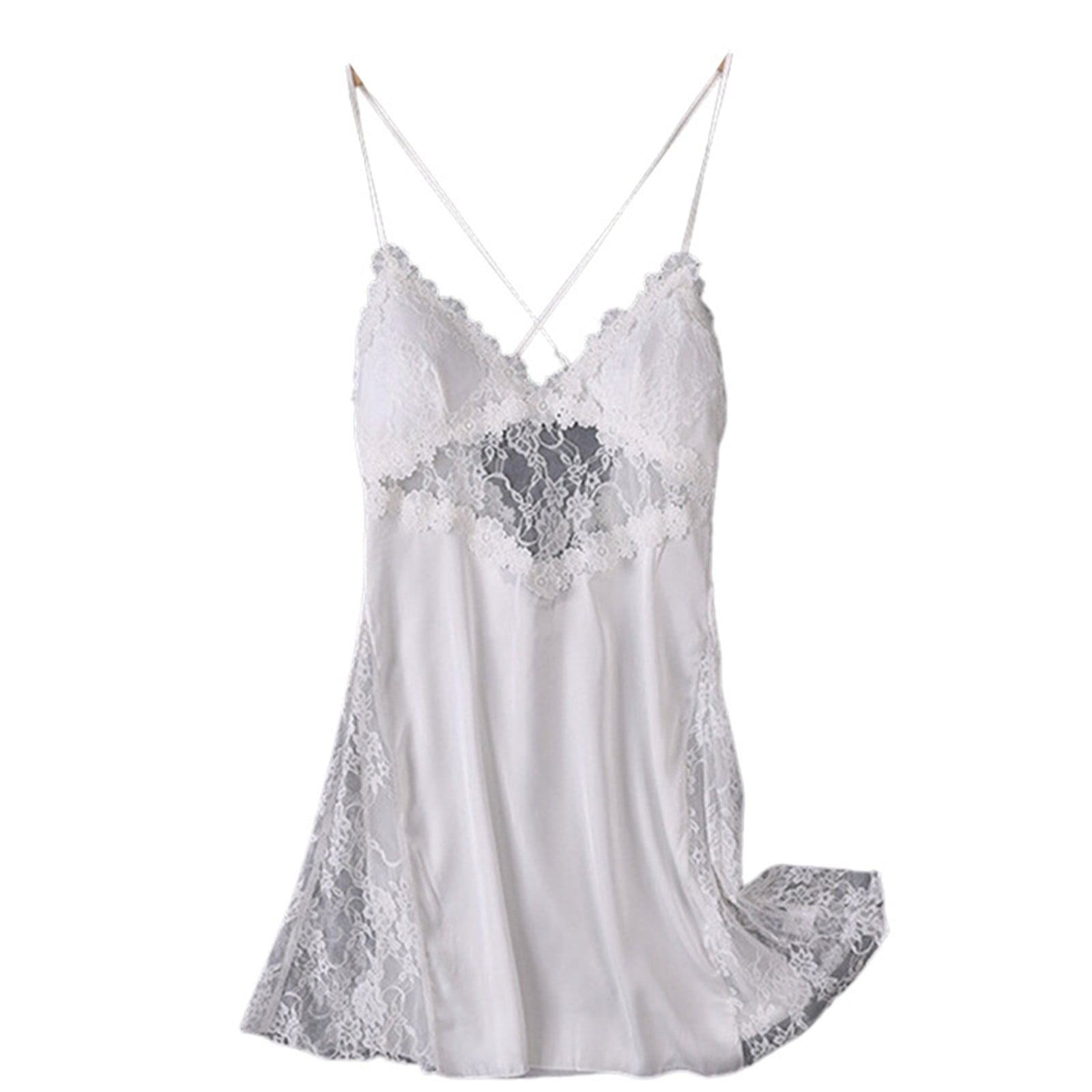 DuoJiaJ Women's Lace Suspender Padded Satin Silk Nightgown Home Clothes ...