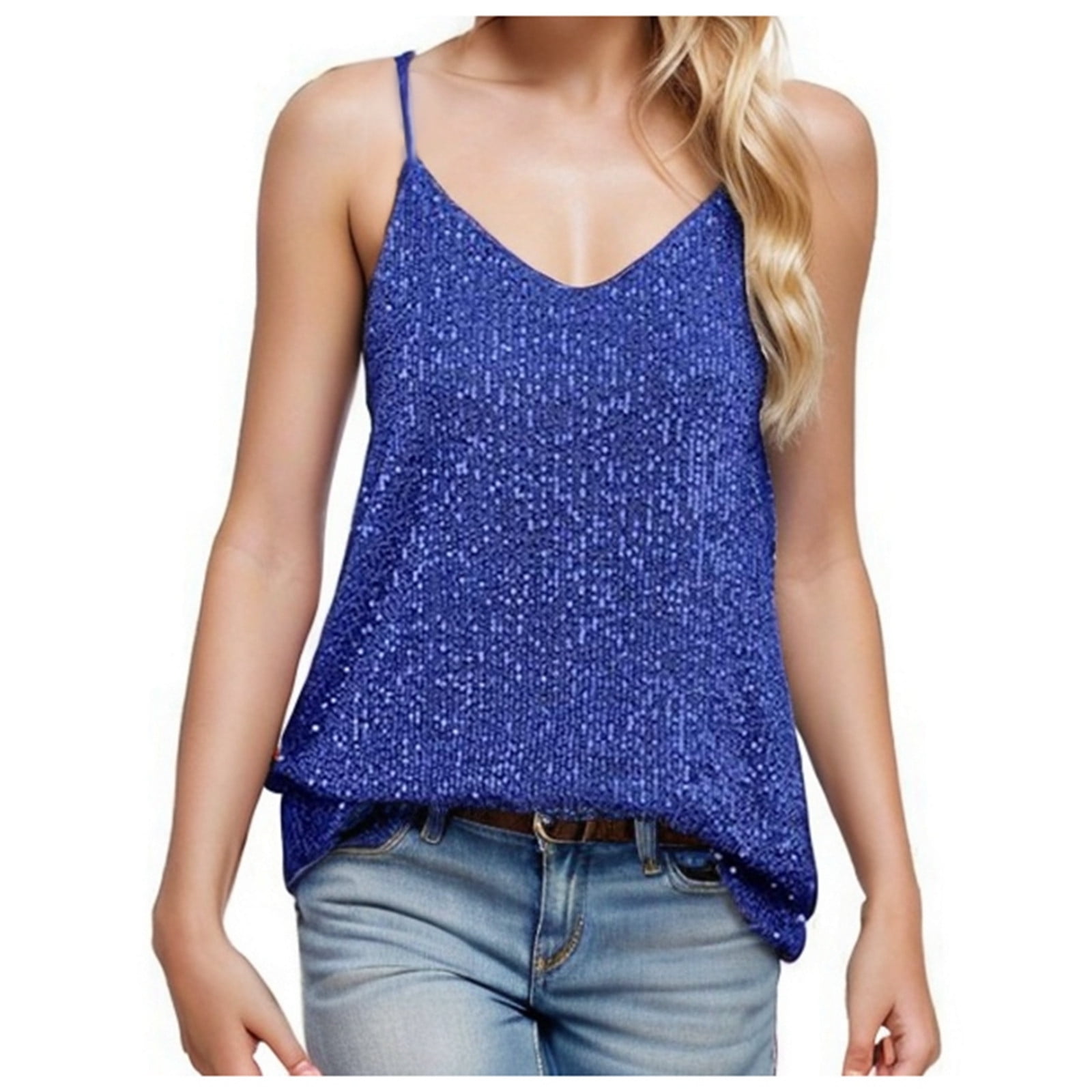 DuoJiaJ Women's Loose Sequin V Neck Sleeveless Casual Sequin Deep V ...