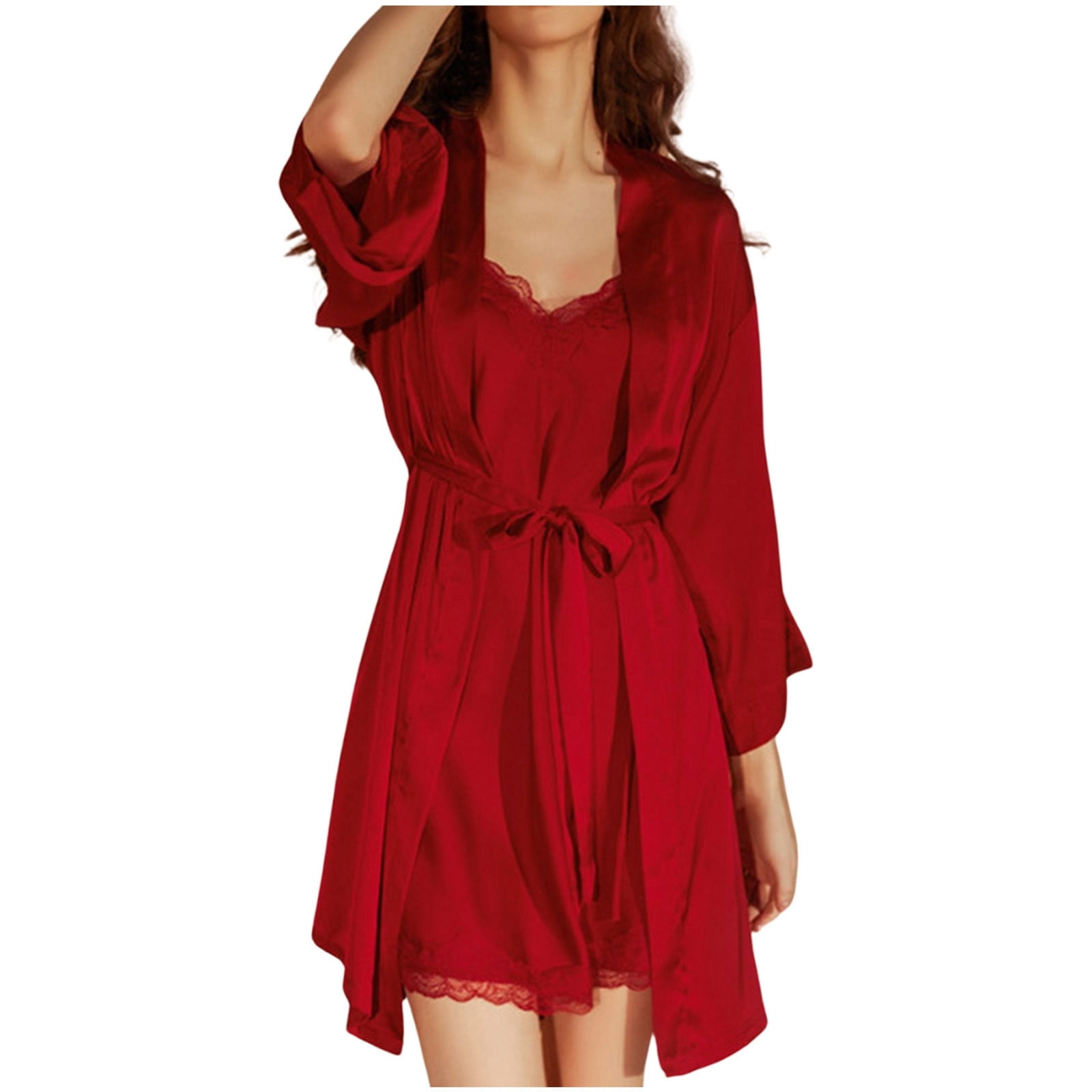 DuoJiaJ Women's Satin Dressing Gown With Nightdress Two Piece Sleepwear ...