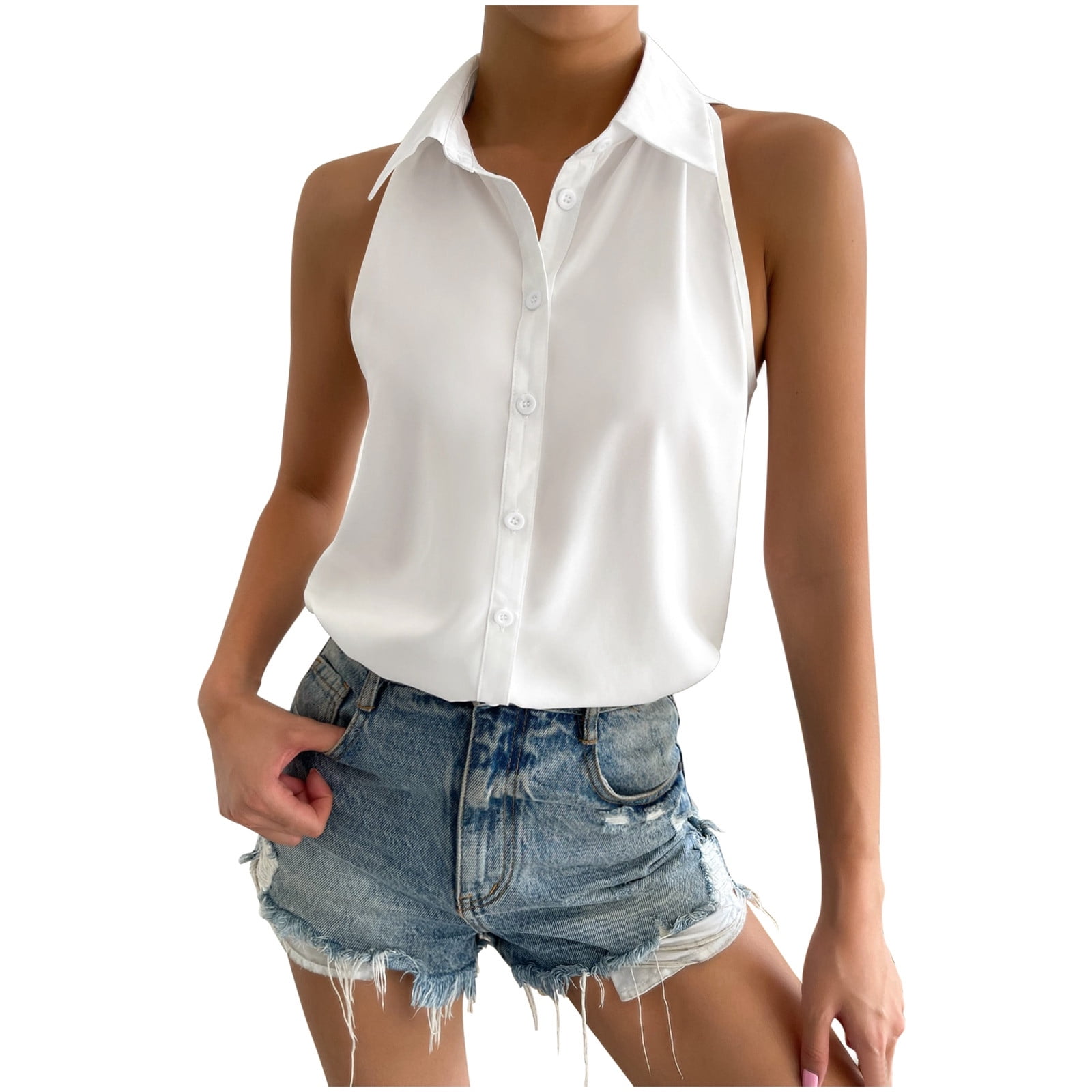 DuoJiaJ Women's Sleeveless Button Down Shirts Hidden-Button Front ...