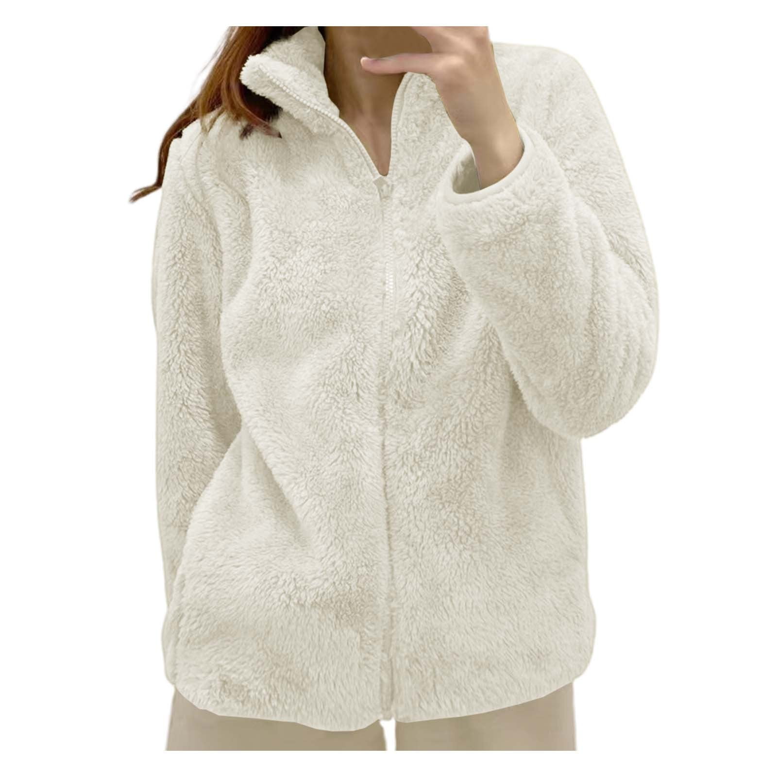 DuoJiaJ Women's Solid Color Fleece Jacket Collar Zip Up Cozy Outerwear ...