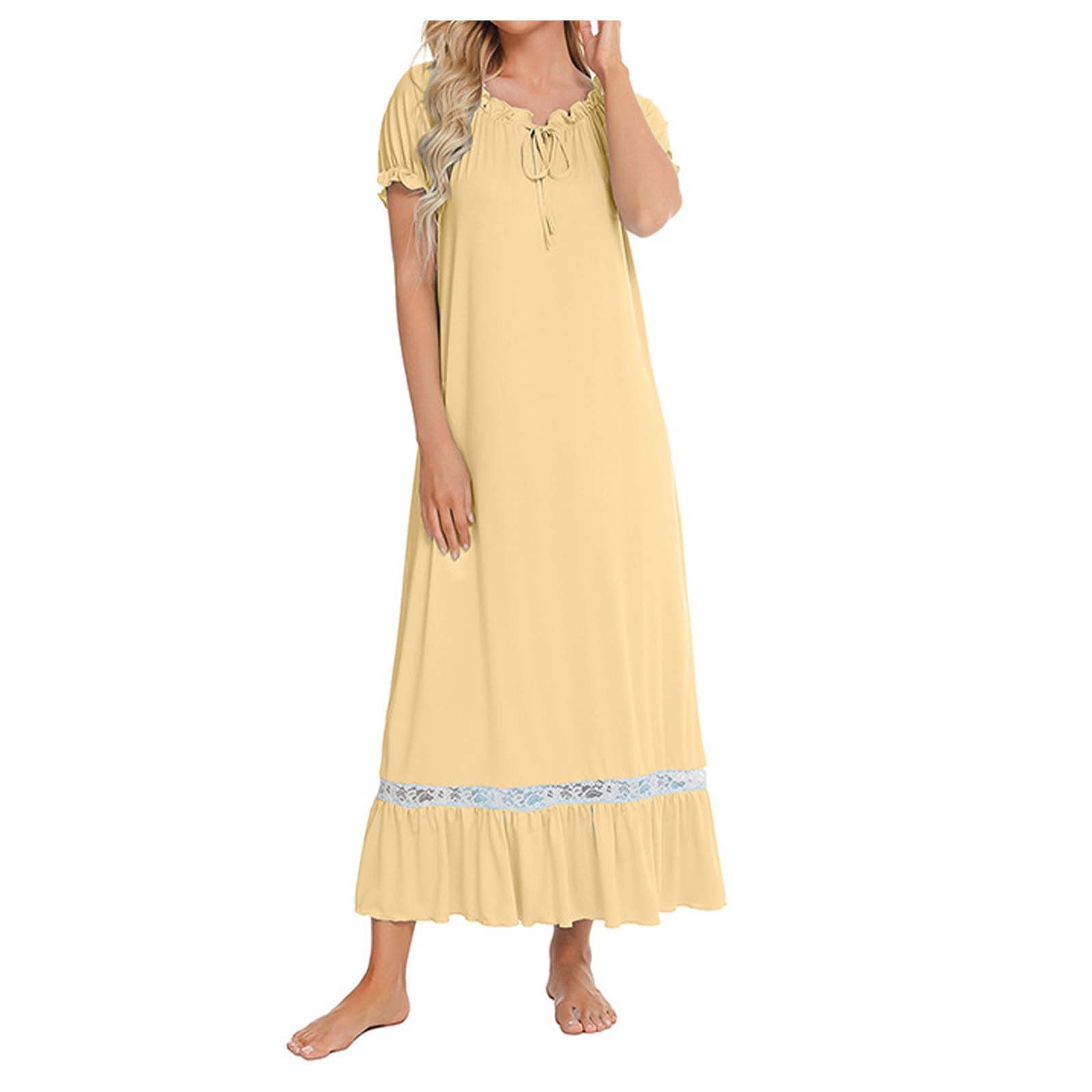 DuoJiaJ Women's Solid Color Lace Splice Short Sleeve Nightgown Cute ...