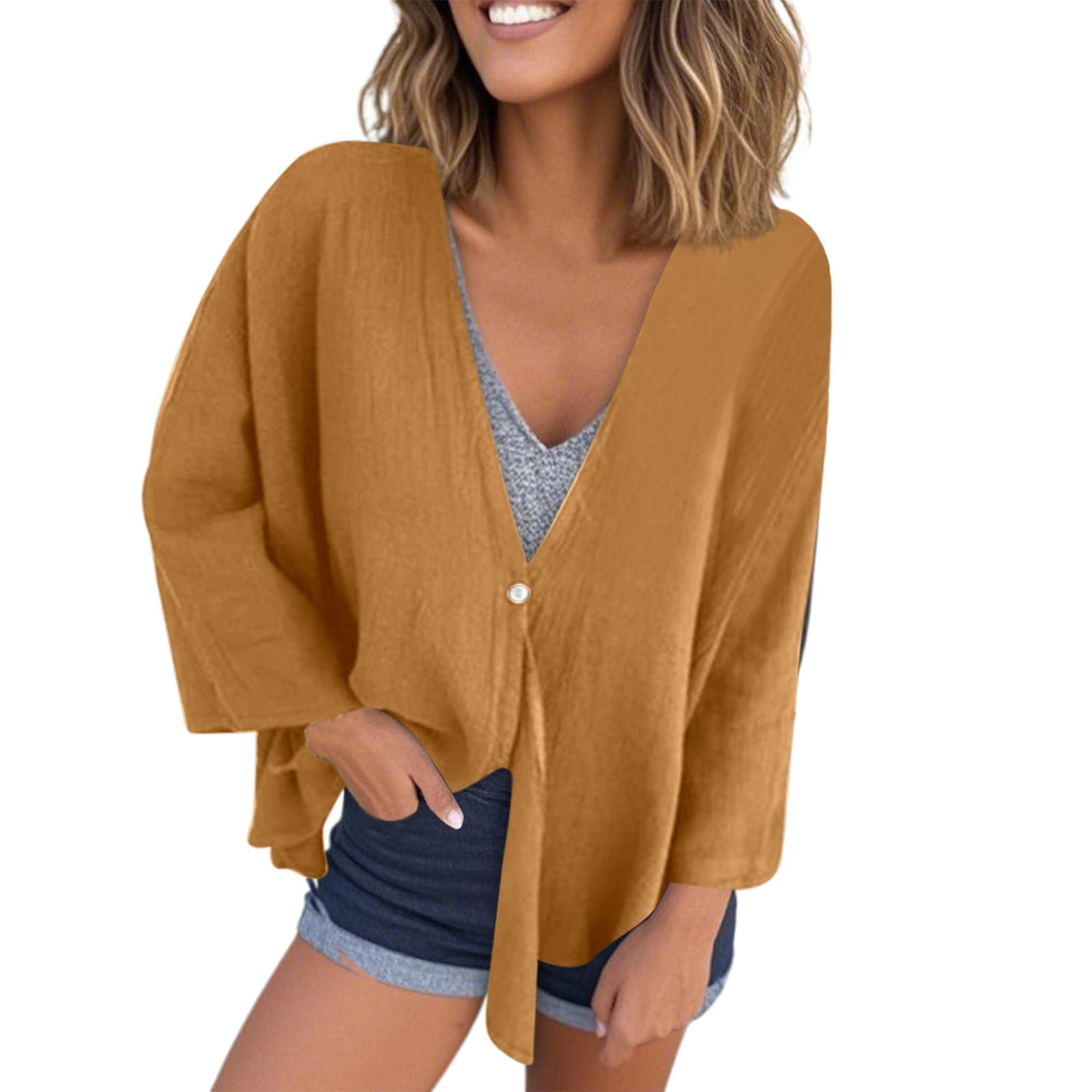 DuoJiaJ Women's Solid Color V Neck Fashion Loose Cardigan With Long ...