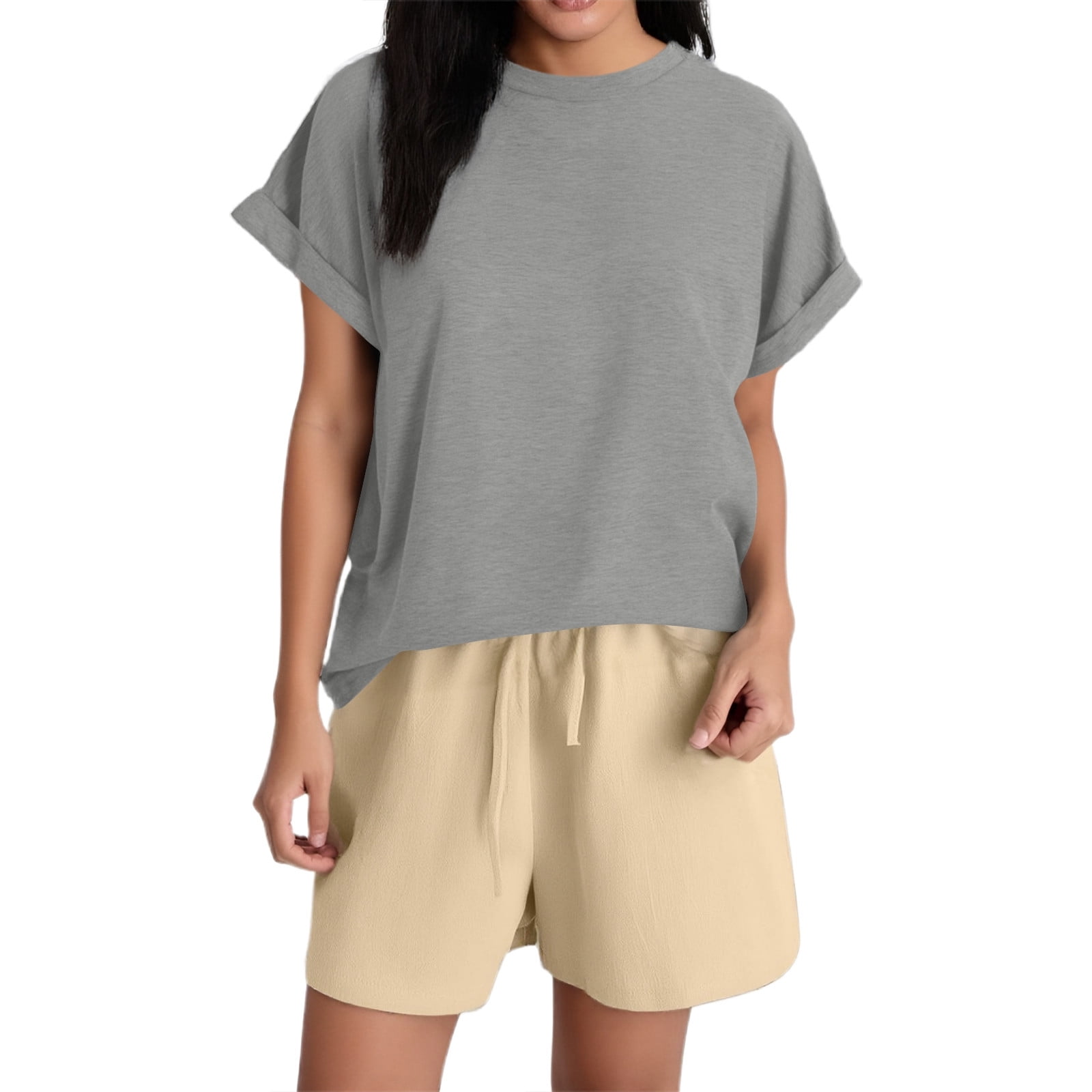 DuoJiaJ Women's Spring/Summer Round Neck Loose Fit Solid Short Sleeve T ...